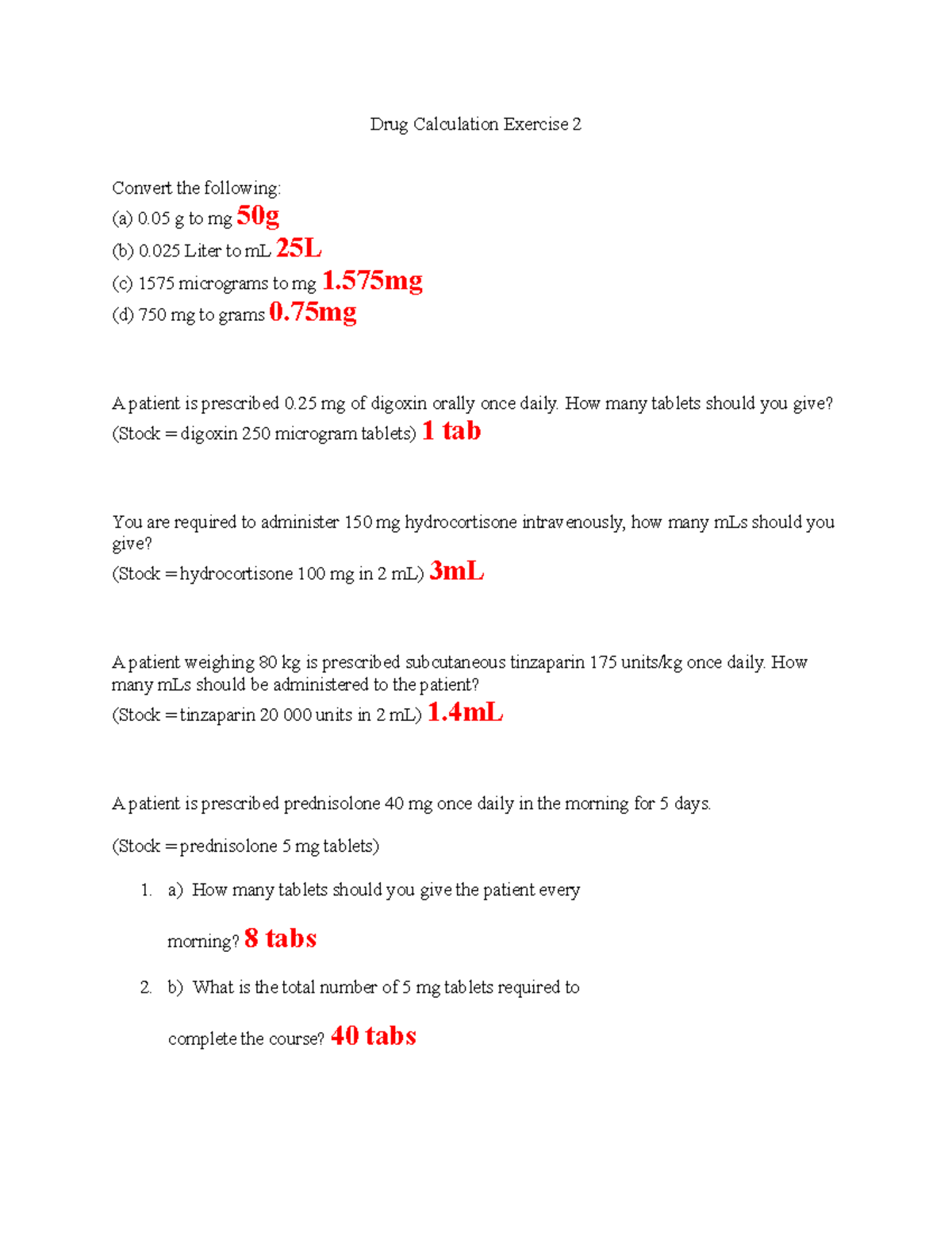 Drug Calculation Exercise 2 How Many Tablets Should You Give Stock