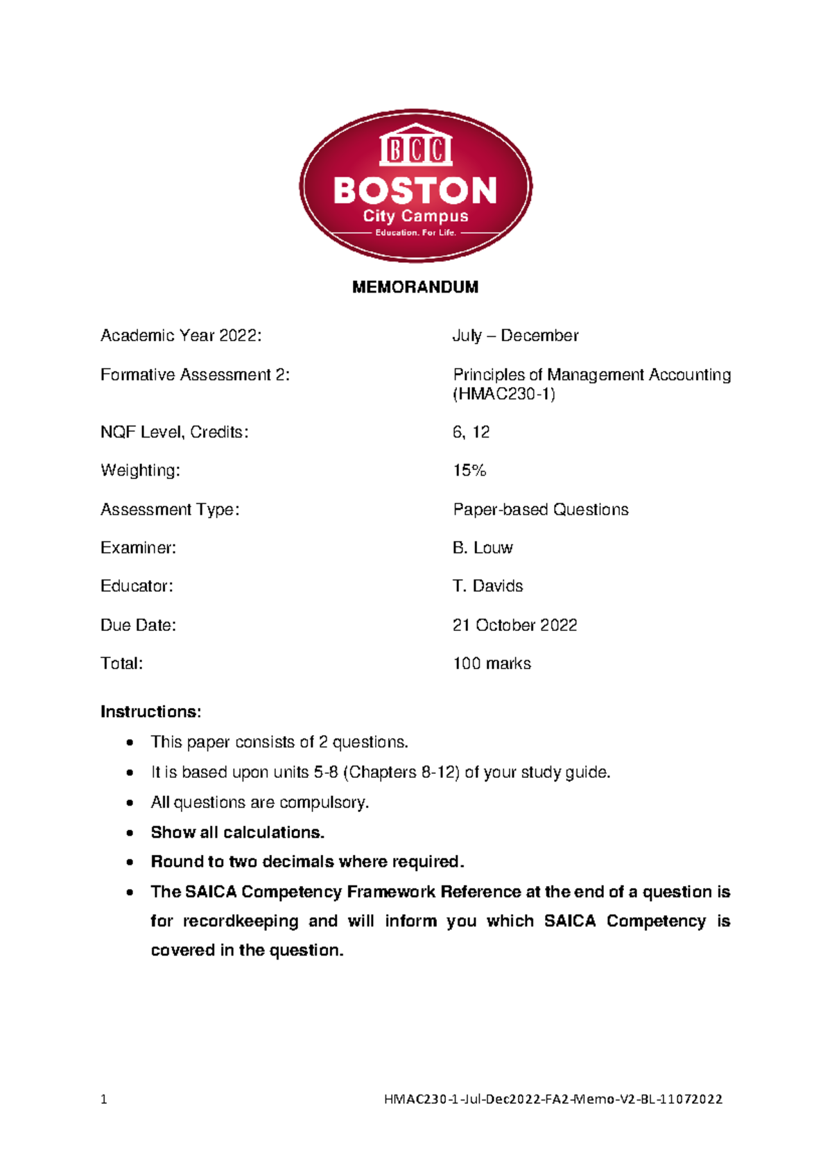 HMAC230 1 Jul Dec2022 FA2 Memo V2 BL 11072022 - MEMORANDUM Academic ...