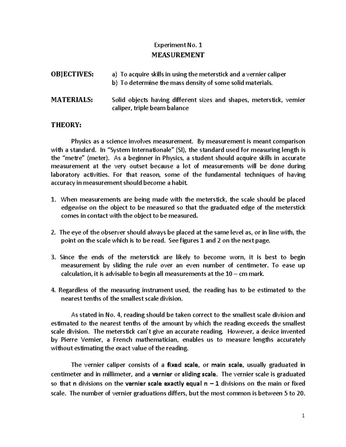 Physengl Laboratory Exp 1 - Measurement - Experiment No. 1 MEASUREMENT ...