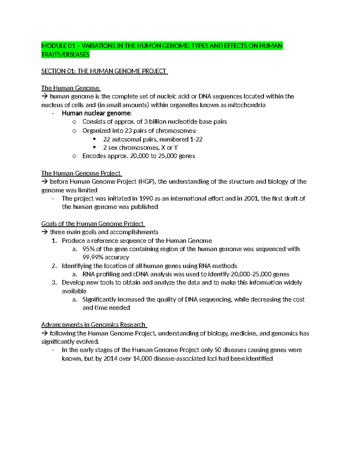 Module 01 - notes - MODULE 01 – VARIATIONS IN THE HUMON GENOME: TYPES ...