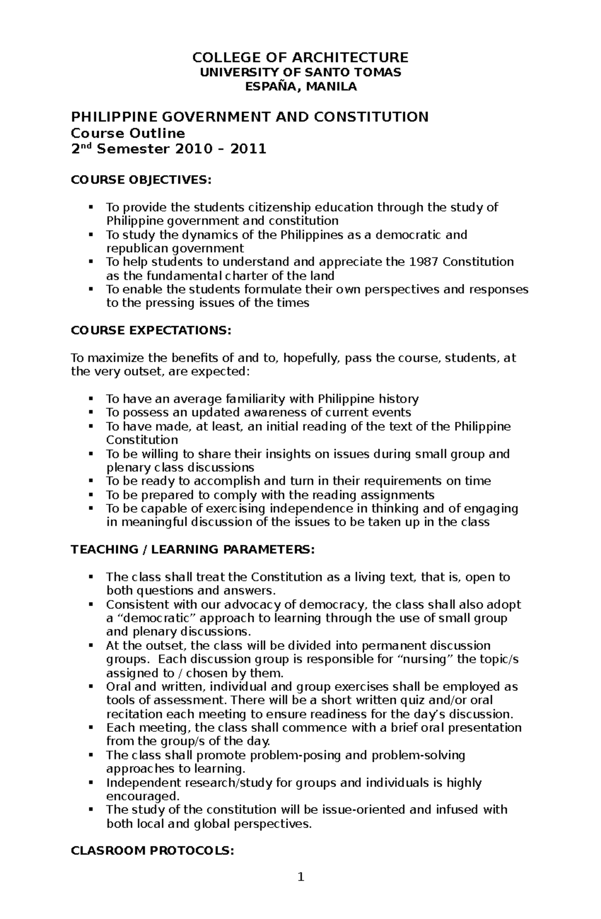 Pgc-course-outline-2nd-sem-10-11 - COLLEGE OF ARCHITECTURE UNIVERSITY ...