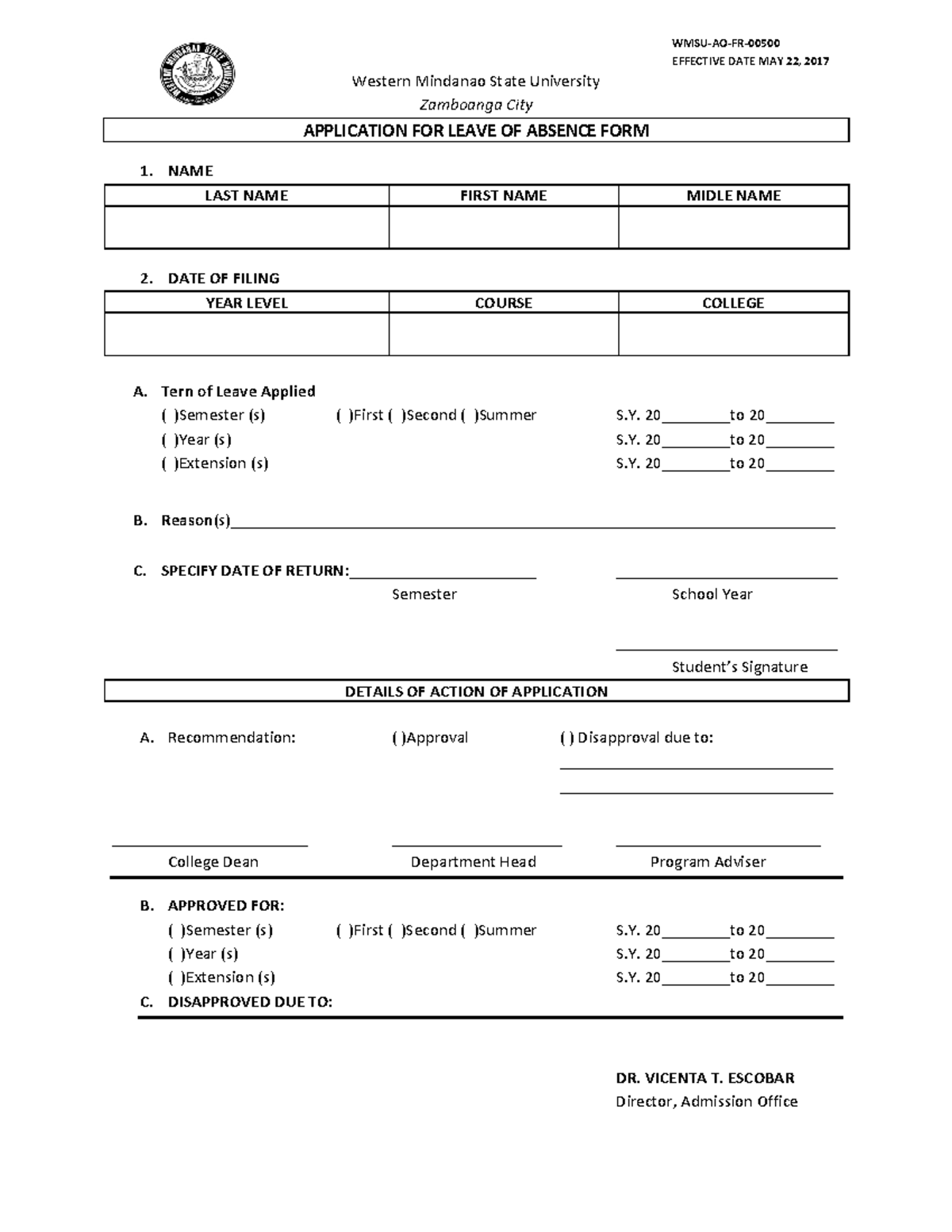 Applicationforleaveofabsenceform - WMSU-AO-FR- EFFECTIVE DATE MAY 22 ...