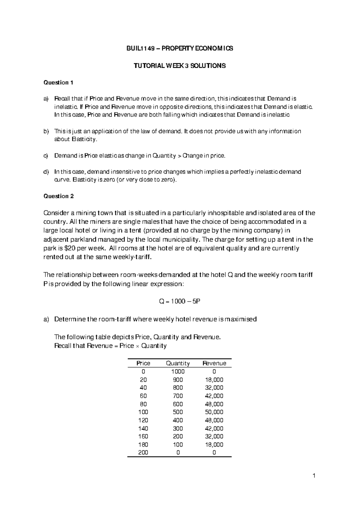 Solution Tutorial Week 3 - 1 BUIL1149 – PROPERTY ECONOMICS TUTORIAL ...