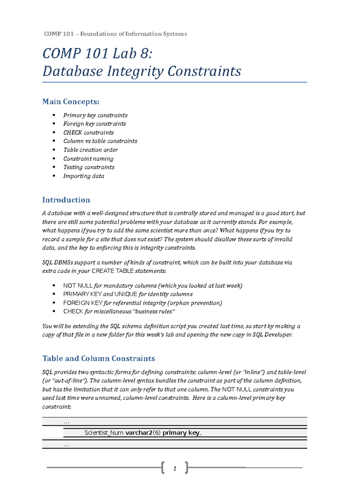 COMP101 document - COMP 101 Lab 8: Database Integrity Constraints Main Concepts: Primary key ...