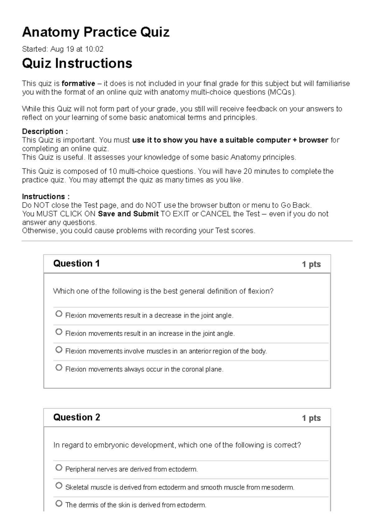 Quiz Anatomy Practice Quiz - Anatomy Practice Quiz Started: Aug 19 at ...