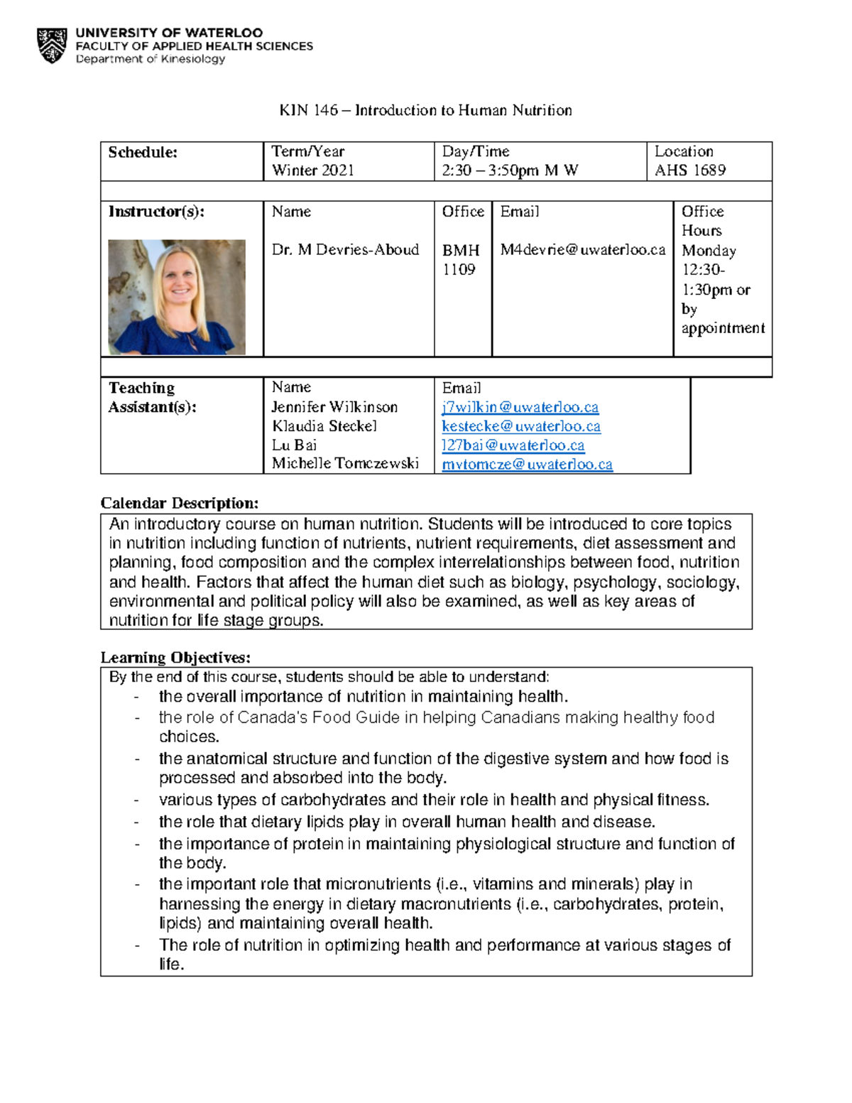 KIN 146 W21 - Course syllabus - KIN 146 3 Introduction to Human ...