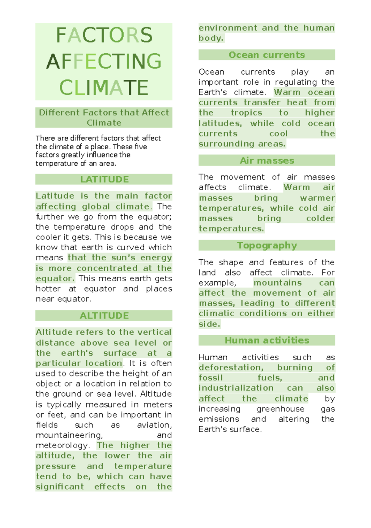 Factors Affecting Climate - FACTORS AFFECTING CLIMATE Different Factors ...