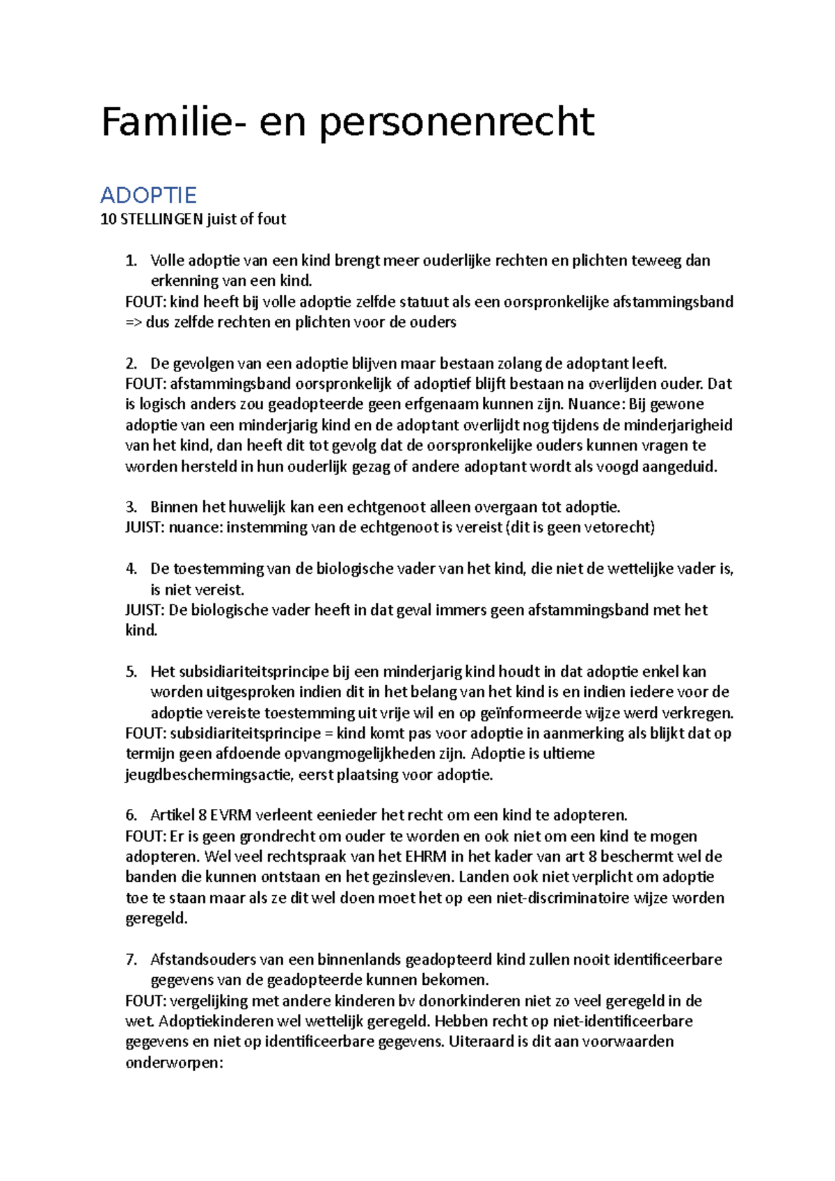 Adoptie - Familie- en personenrecht ADOPTIE 10 STELLINGEN juist of fout ...
