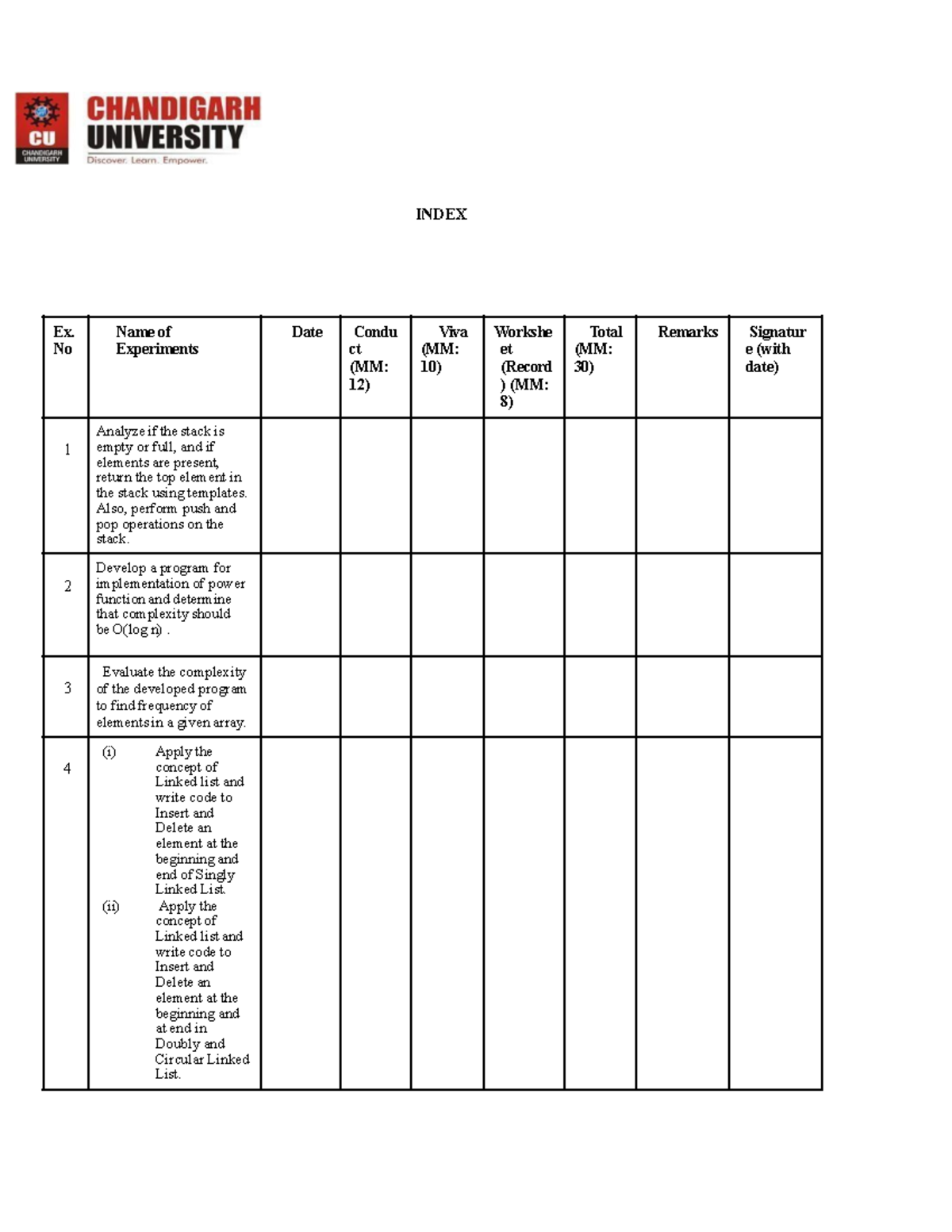DAA index - Ex. No Name of Experiments Date Condu ct (MM: 12) Viva (MM: 10) Workshe et (Record ...