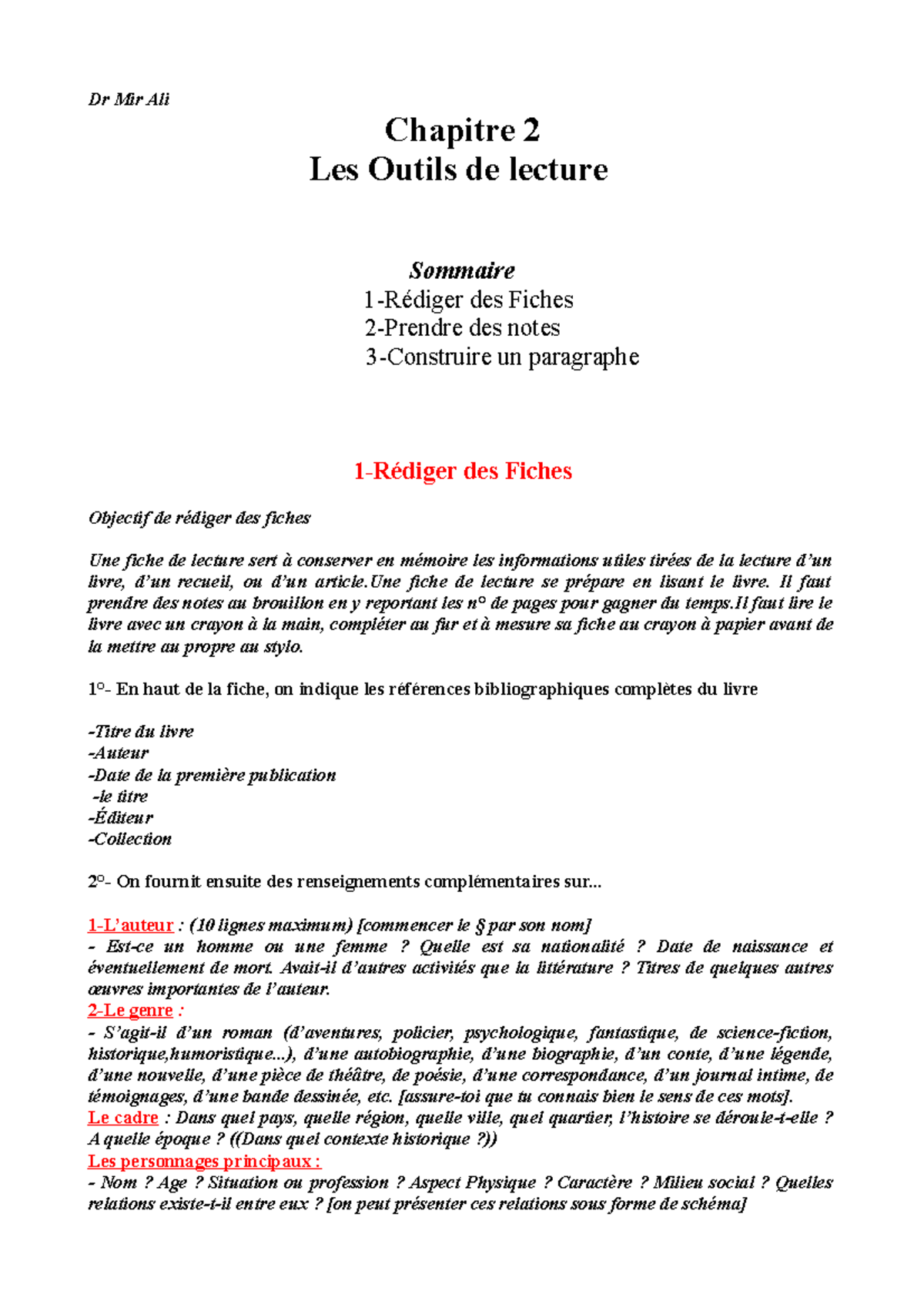 Les Outils de lecture - Dr Mir Ali Chapitre 2 Les Outils de lecture ...
