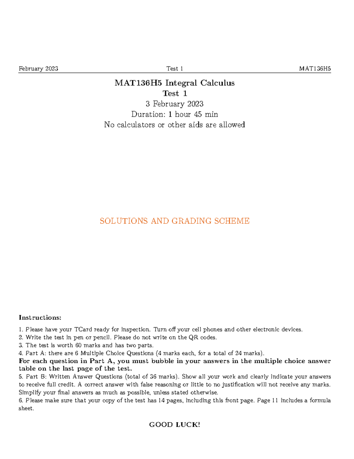 MAT136 Test 1 W2023 solutions and grading scheme - MAT136H5 Integral ...