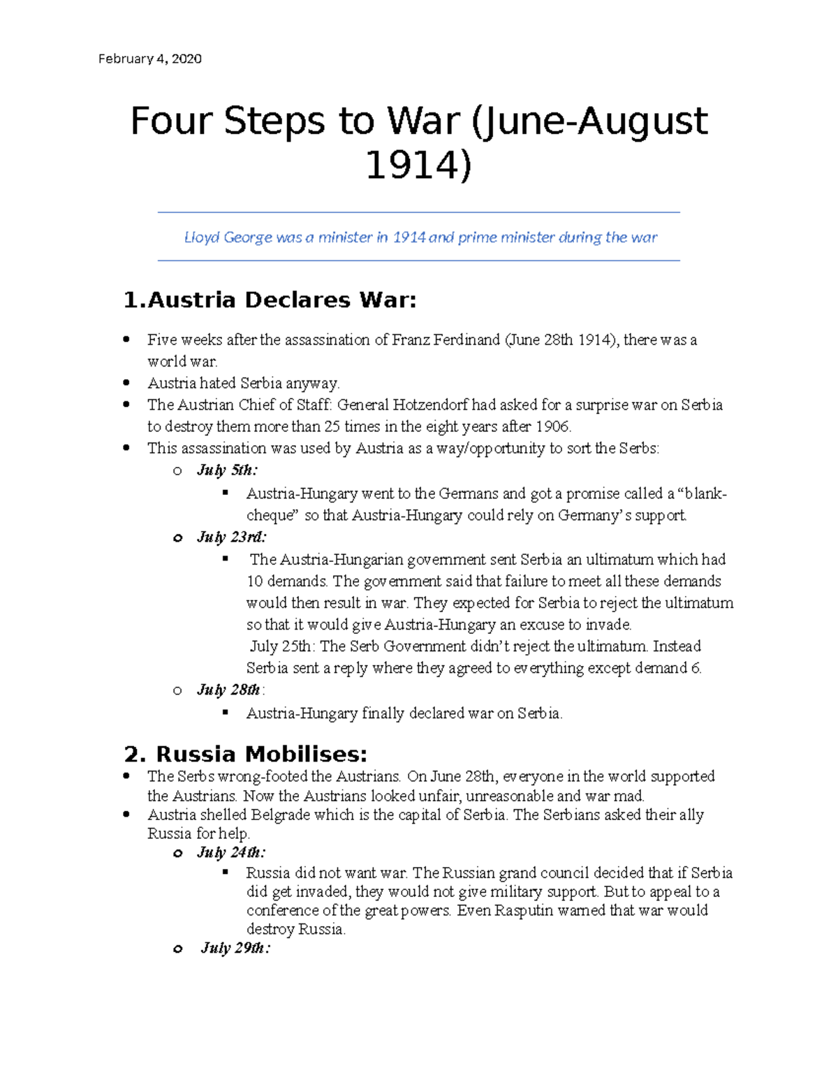 Four Steps to War - History class notes - February 4, 2020 Four Steps ...