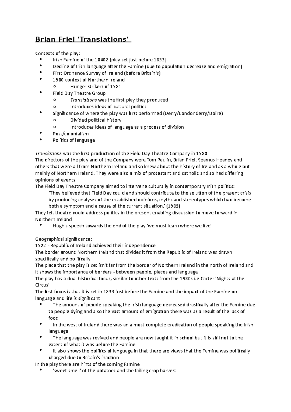 Culture and Anarchy Brian Friel - Brian Friel 'Translations' Contexts ...