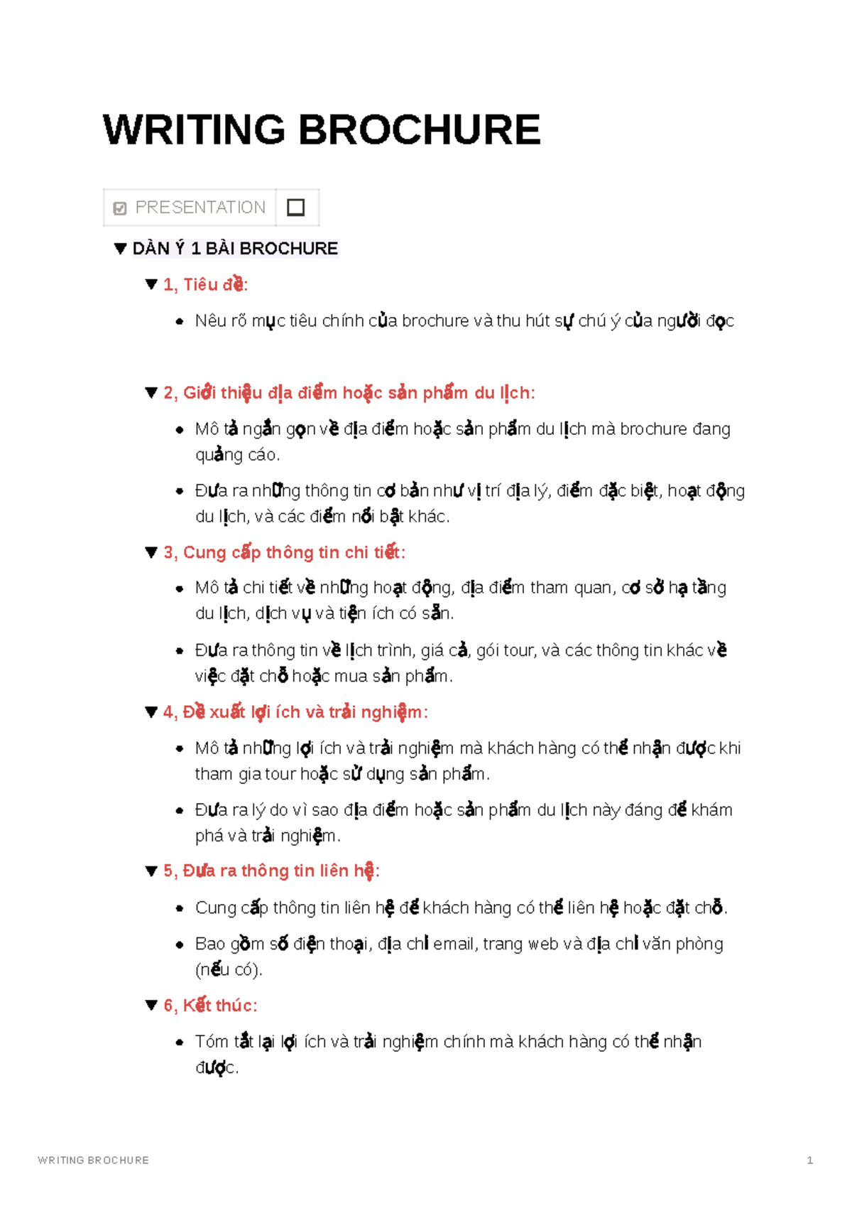 Writing Brochure Guldeline - WRITING BROCHURE PRESENTATION DÀN Ý 1 BÀI ...
