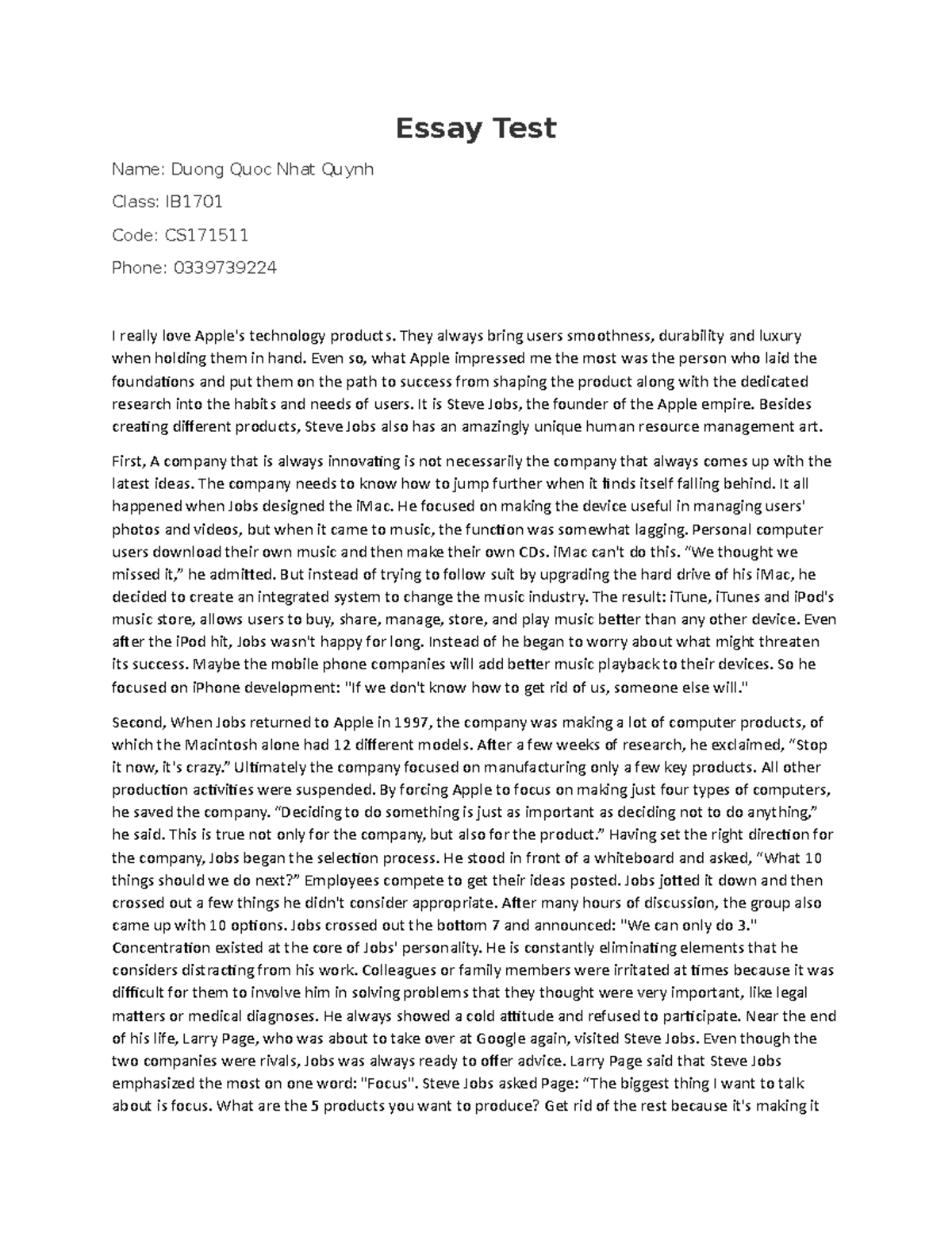 Essay Test MGT103 - jbjasd - Essay Test Name: Duong Quoc Nhat Quynh ...