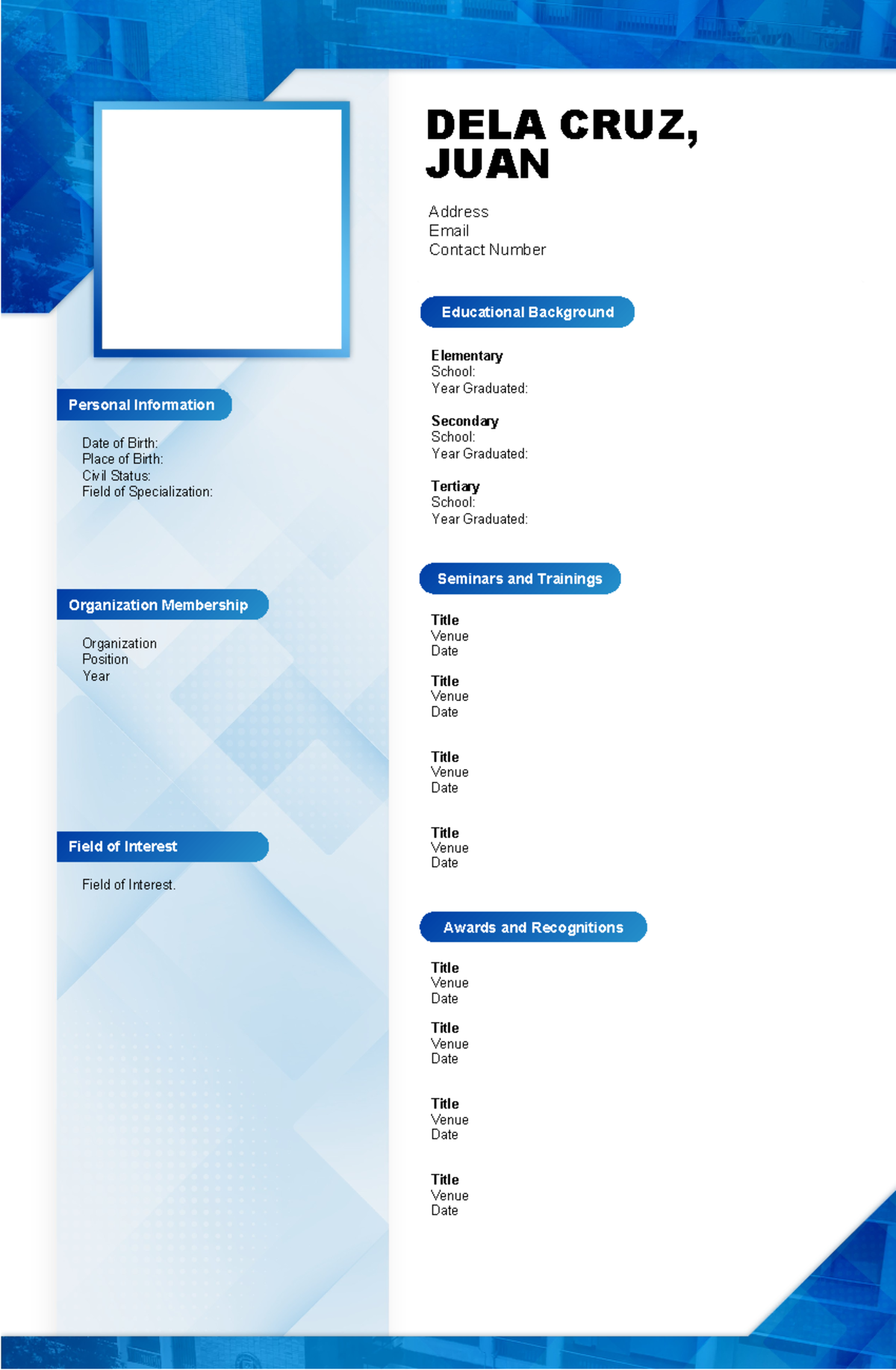 Template CICS Student Portfolio - DELA CRUZ, JUAN Address Email Contact Number Educational - Studocu