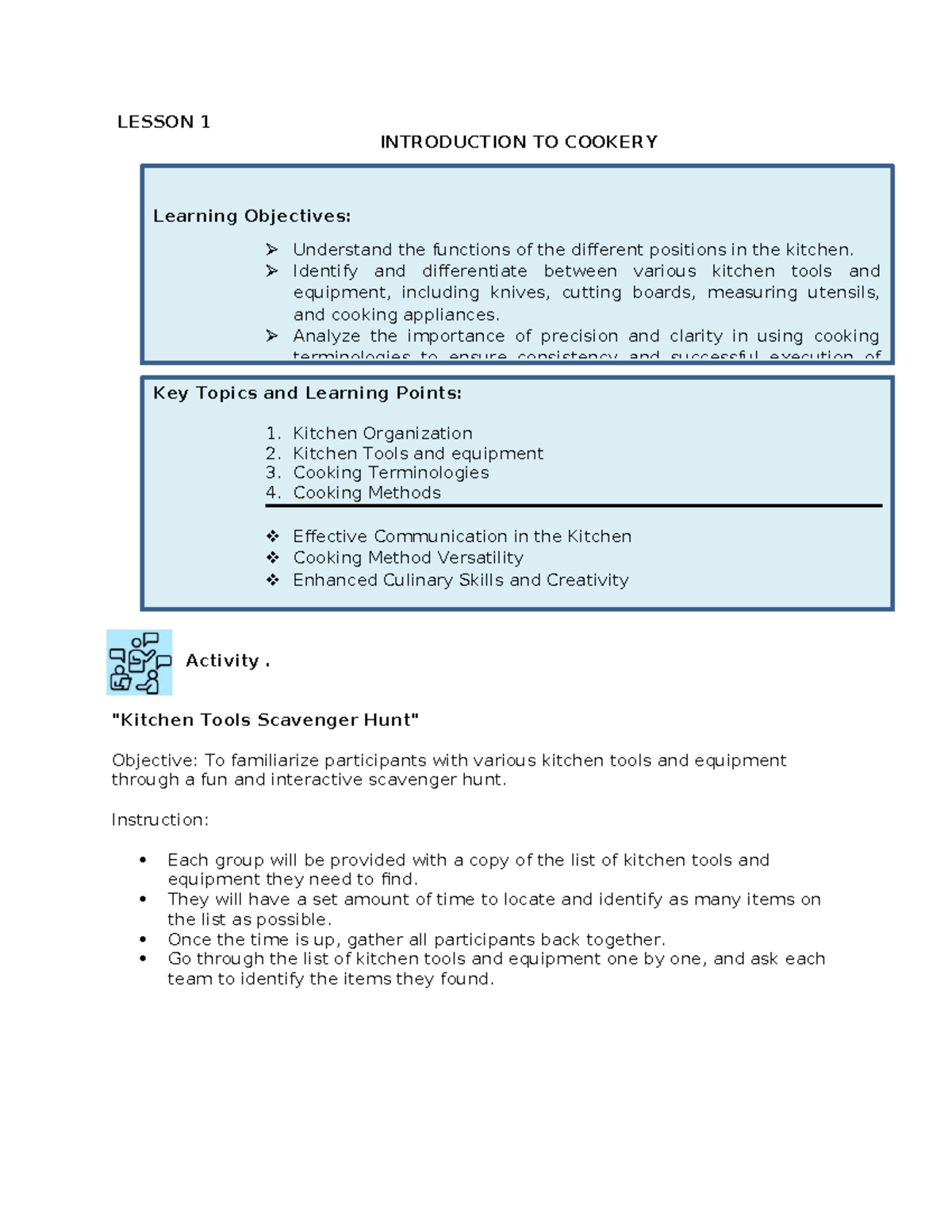 Lesson 1- Introduction TO Cookery - LESSON 1 INTRODUCTION TO COOKERY ...