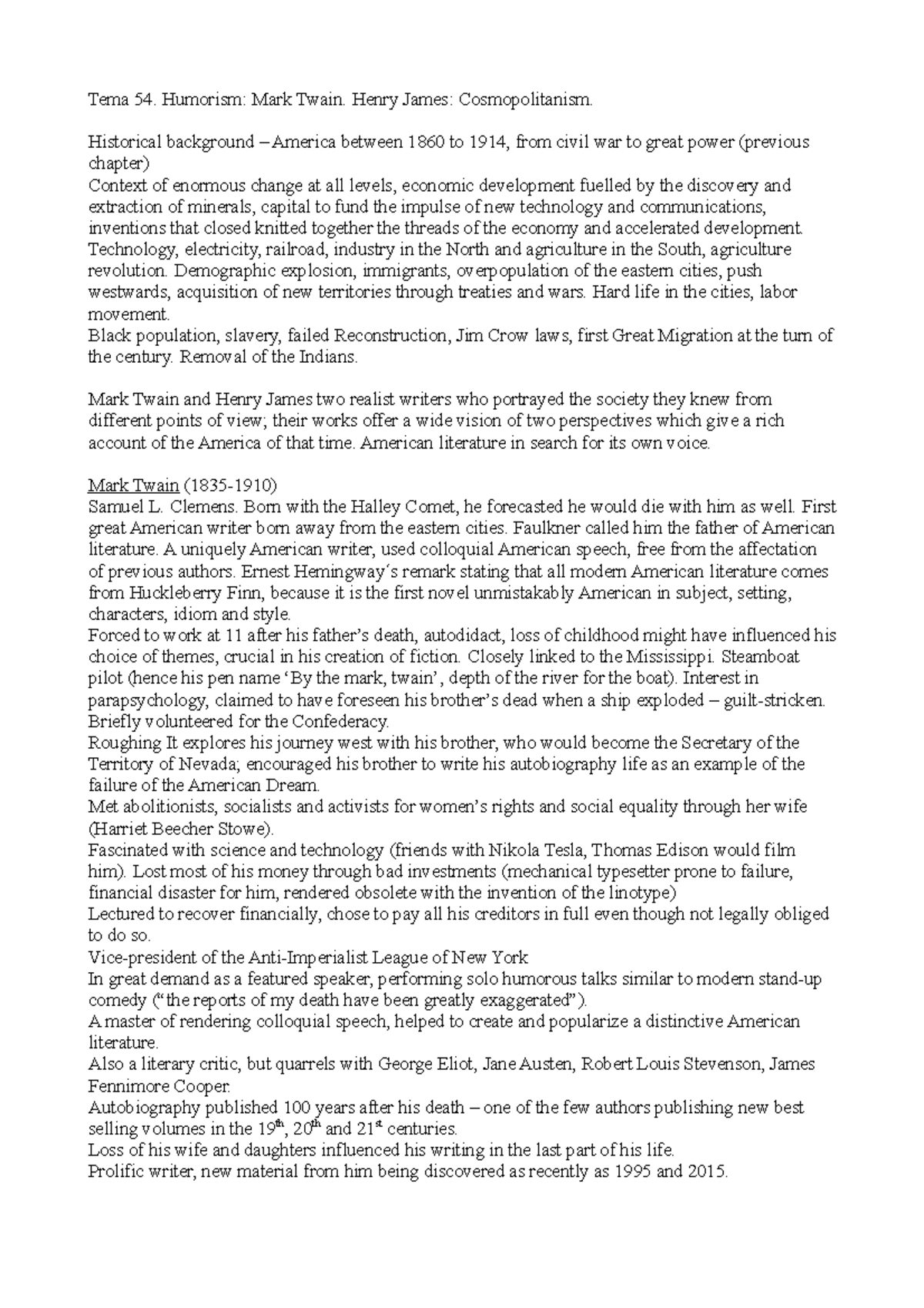 Tema 54. Humorism Mark Twain. Henry James Cosmopolitanism - Tema 54 ...