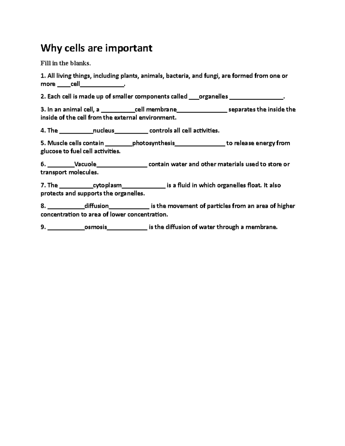 1Assignment - Yes - Why cells are important Fill in the blanks. All ...