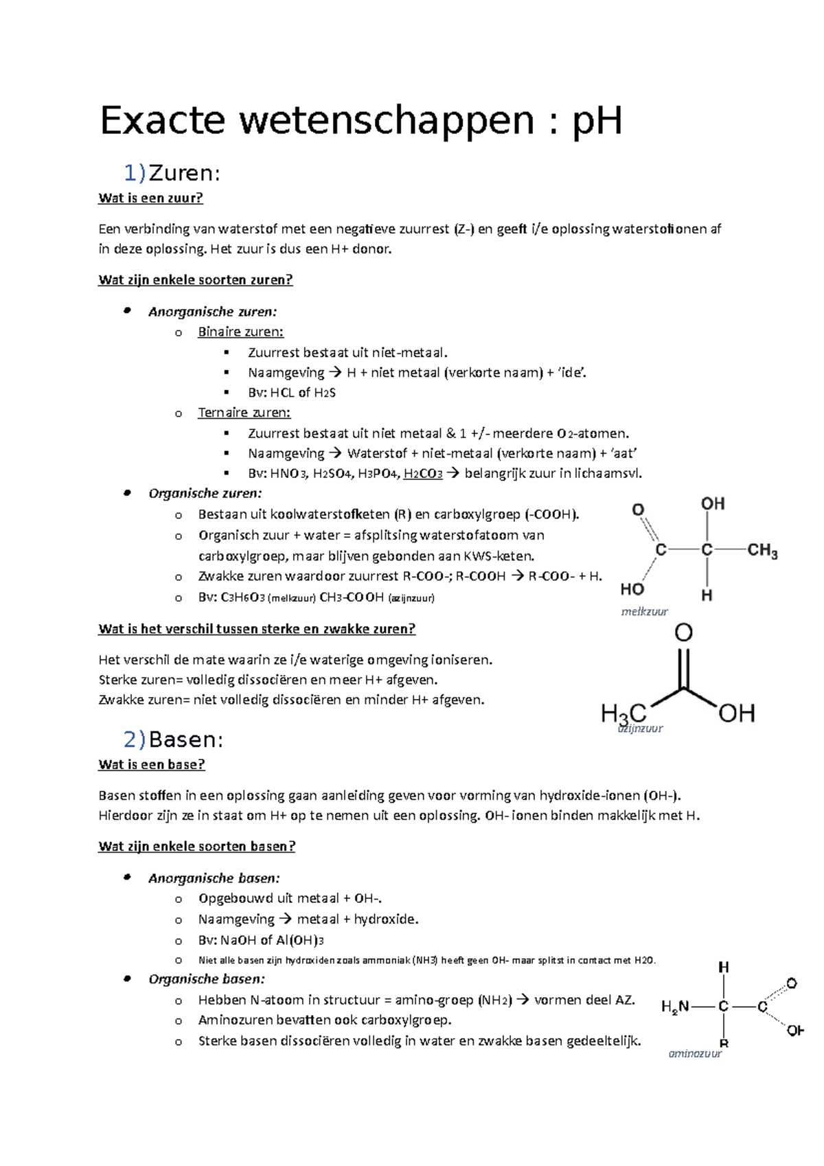 Exacte wetenschappen p H - melkzuur azijnzuur aminozuur Exacte ...