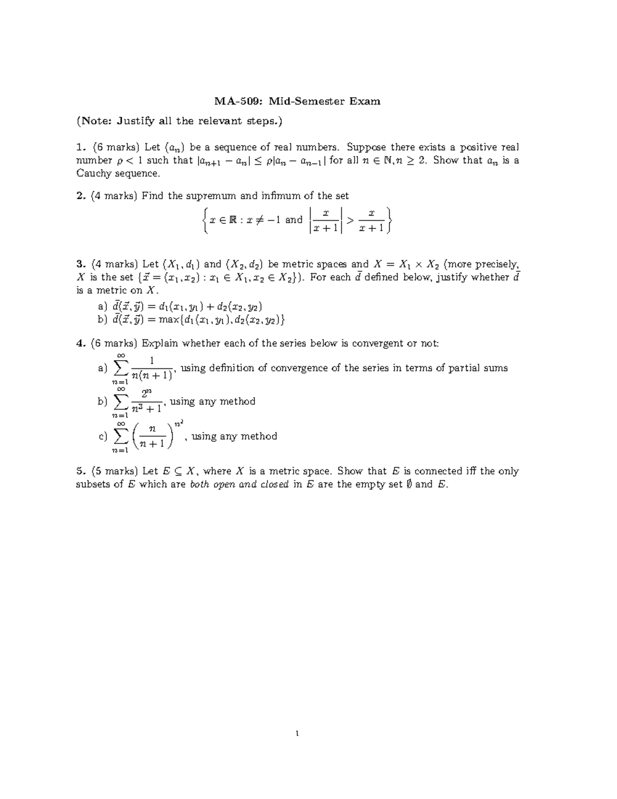 Mid Semester - Practice tutorial shared by professor - MA-509: Mid-Semester Exam (Note: Justify ...