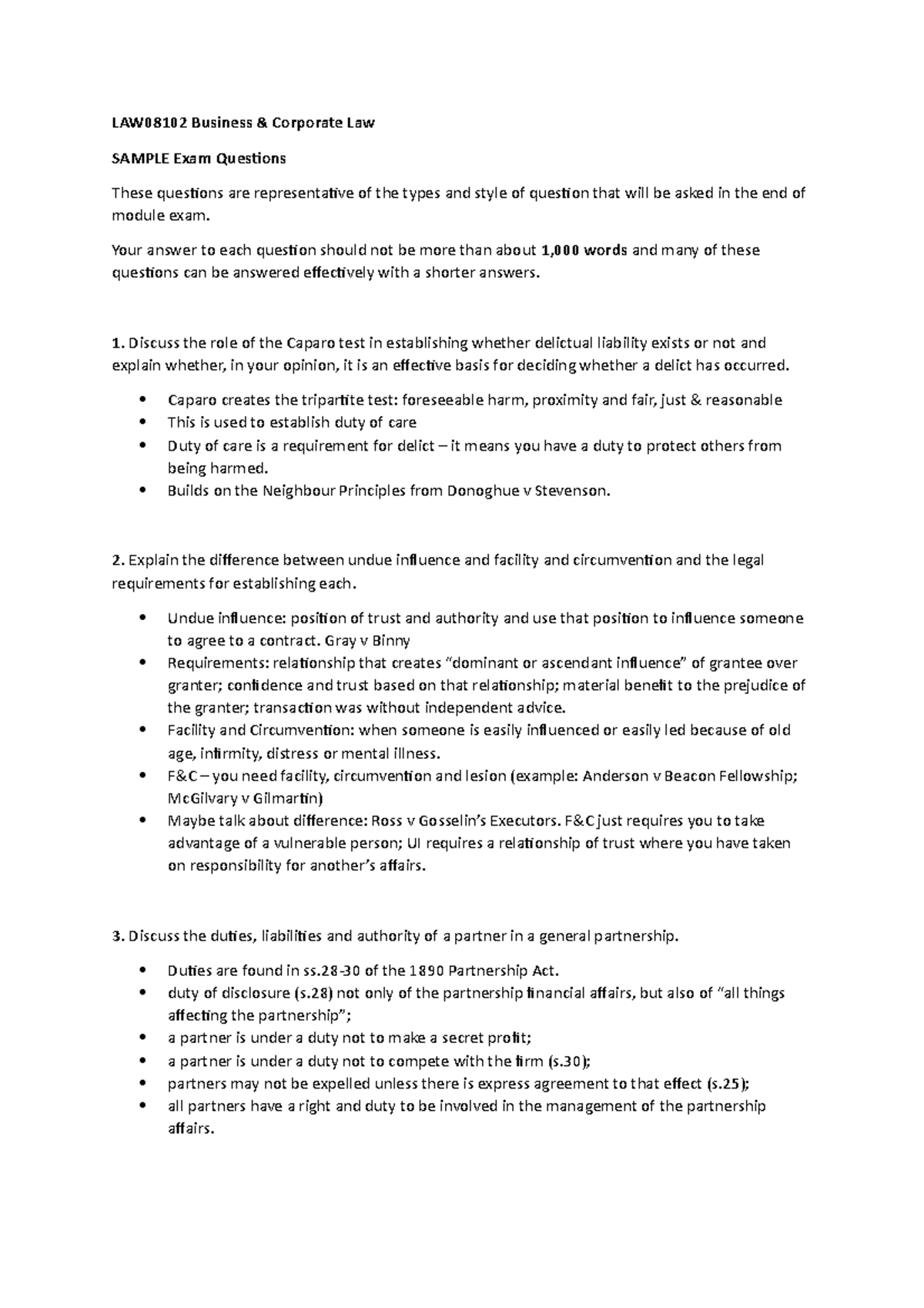 Sample/practice exam 2020, questions - LAW08102 Business & Corporate ...
