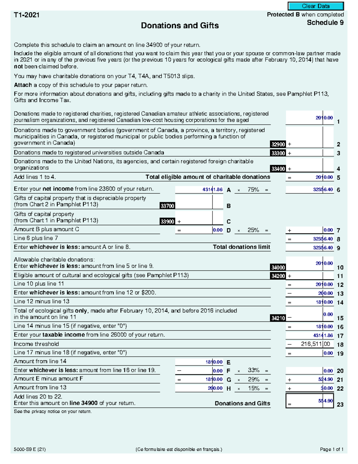 5000 s9 fill 21e - practice - T1-2021 Protected B when completed Schedule 9 Donations and Gifts ...