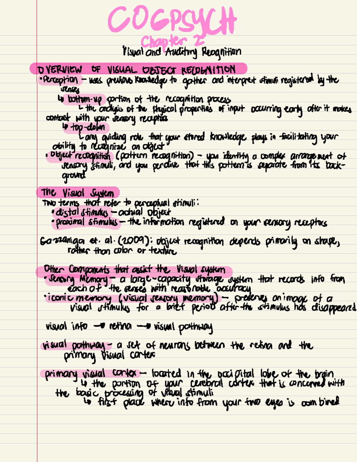Cogpsych Chapter 2 - lec - COGPSYCH Chapter 2 Visual and Auditory Reognition OVERVIEW OF VISUAL ...