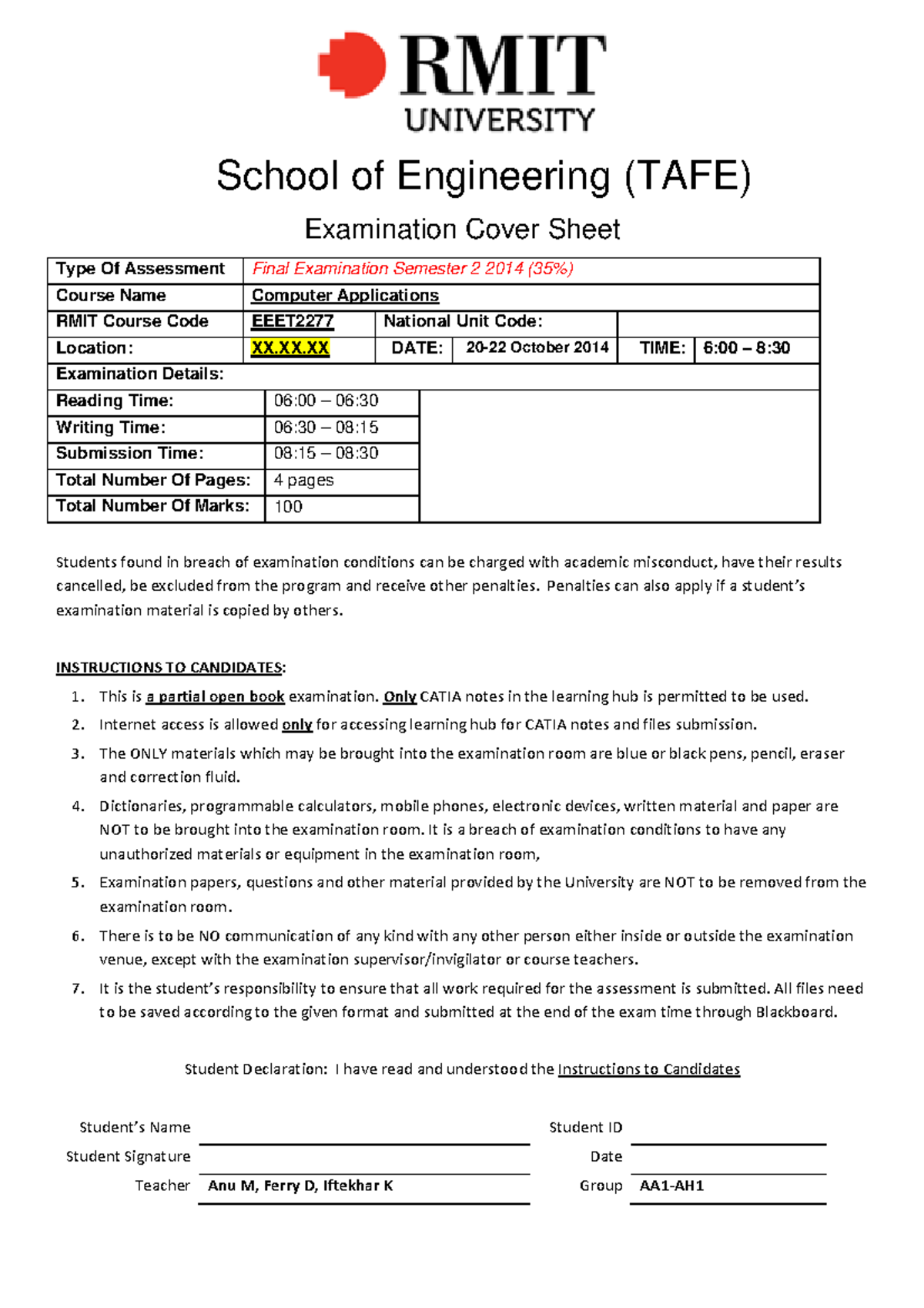 Final Exam February 2014 - School of Engineering (TAFE) Examination ...