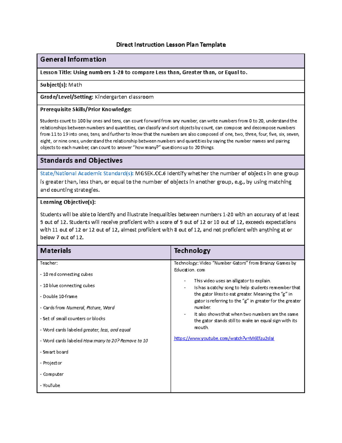 Lesson plan math - Direct Instruction Lesson Plan Template General ...