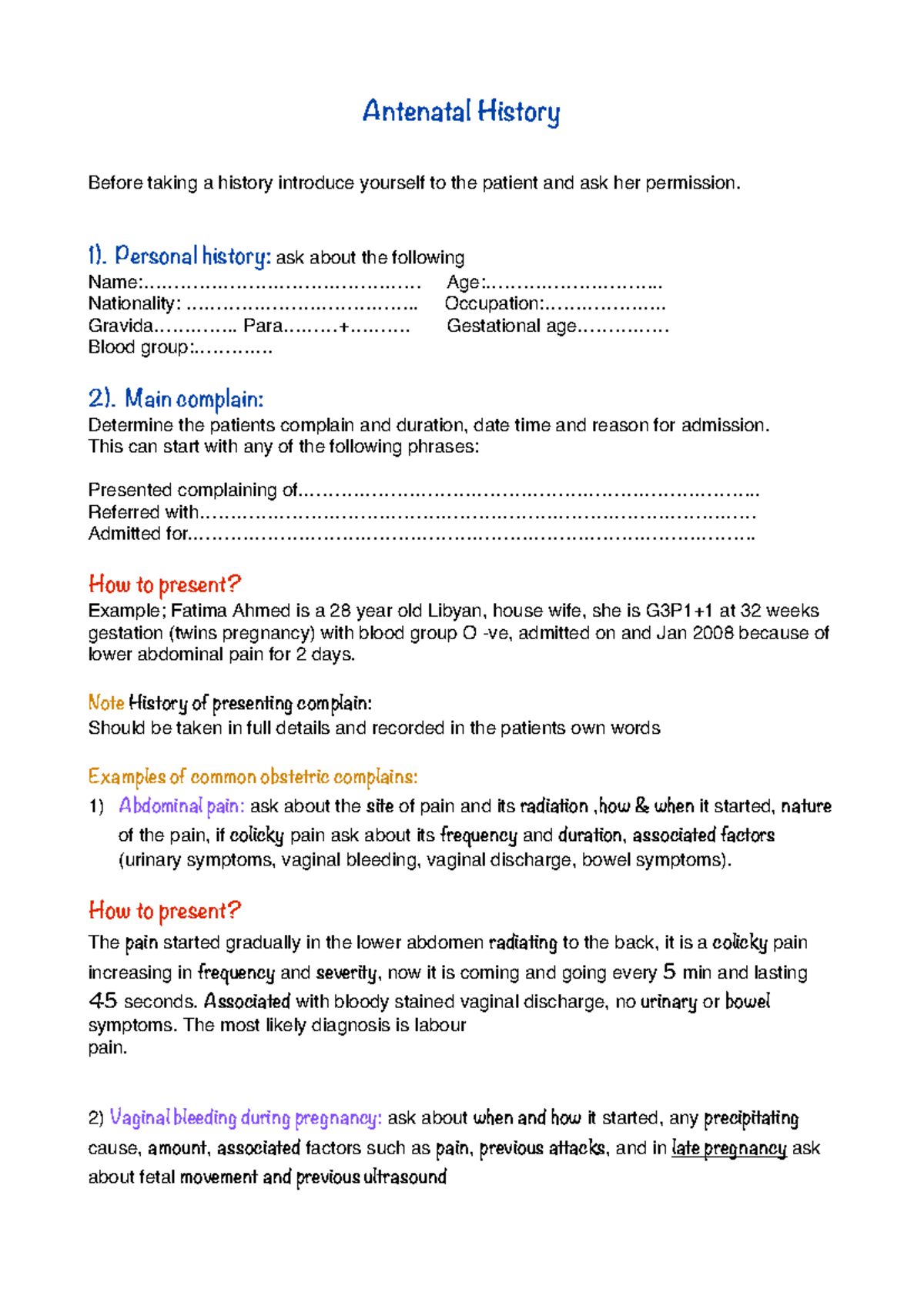 Antenatal History 2 - Antenatal History Before taking a history ...