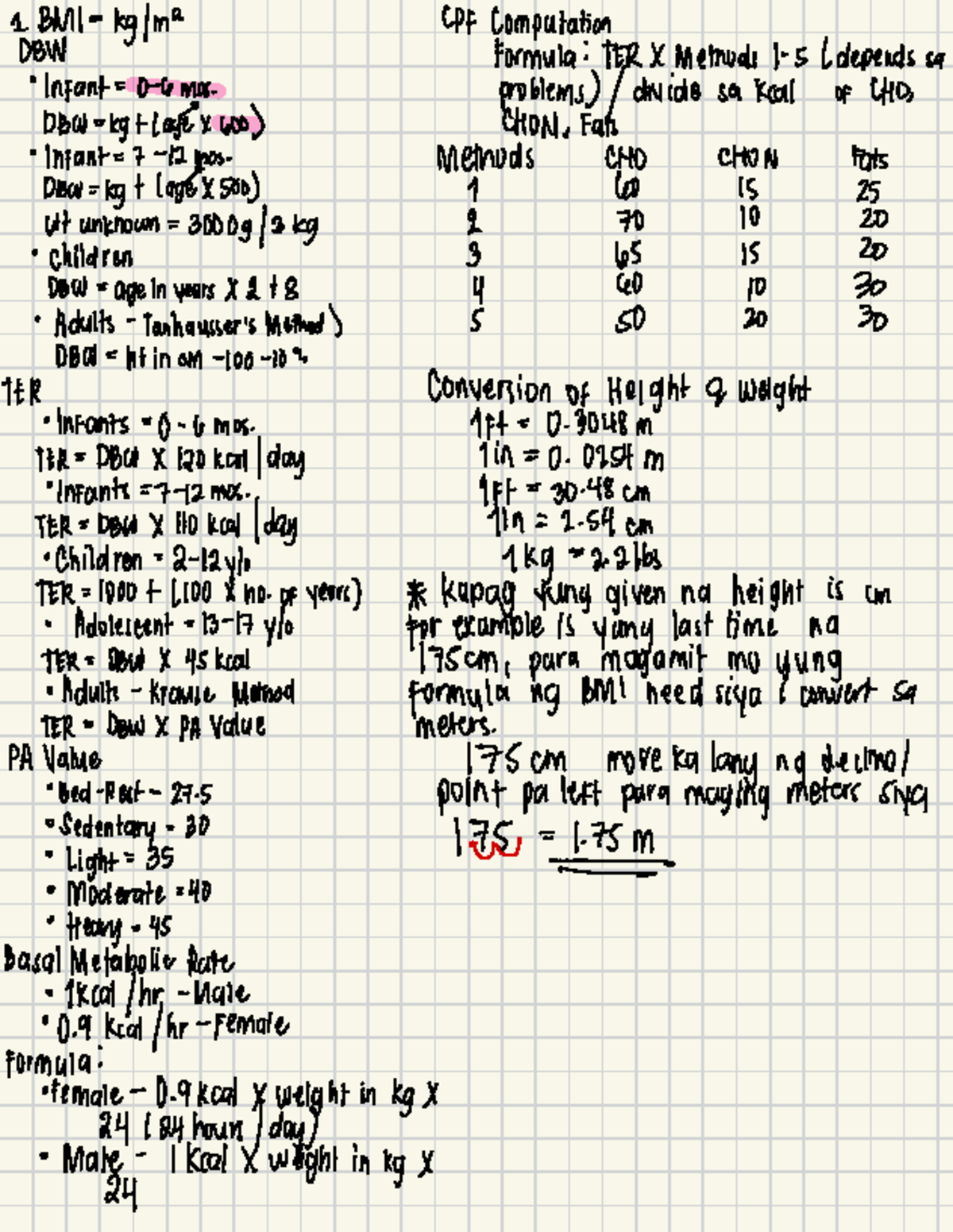 Formulas - for BMI - 1. BMI = kg/m2 CpF Computation DBIN Formula : tER ...