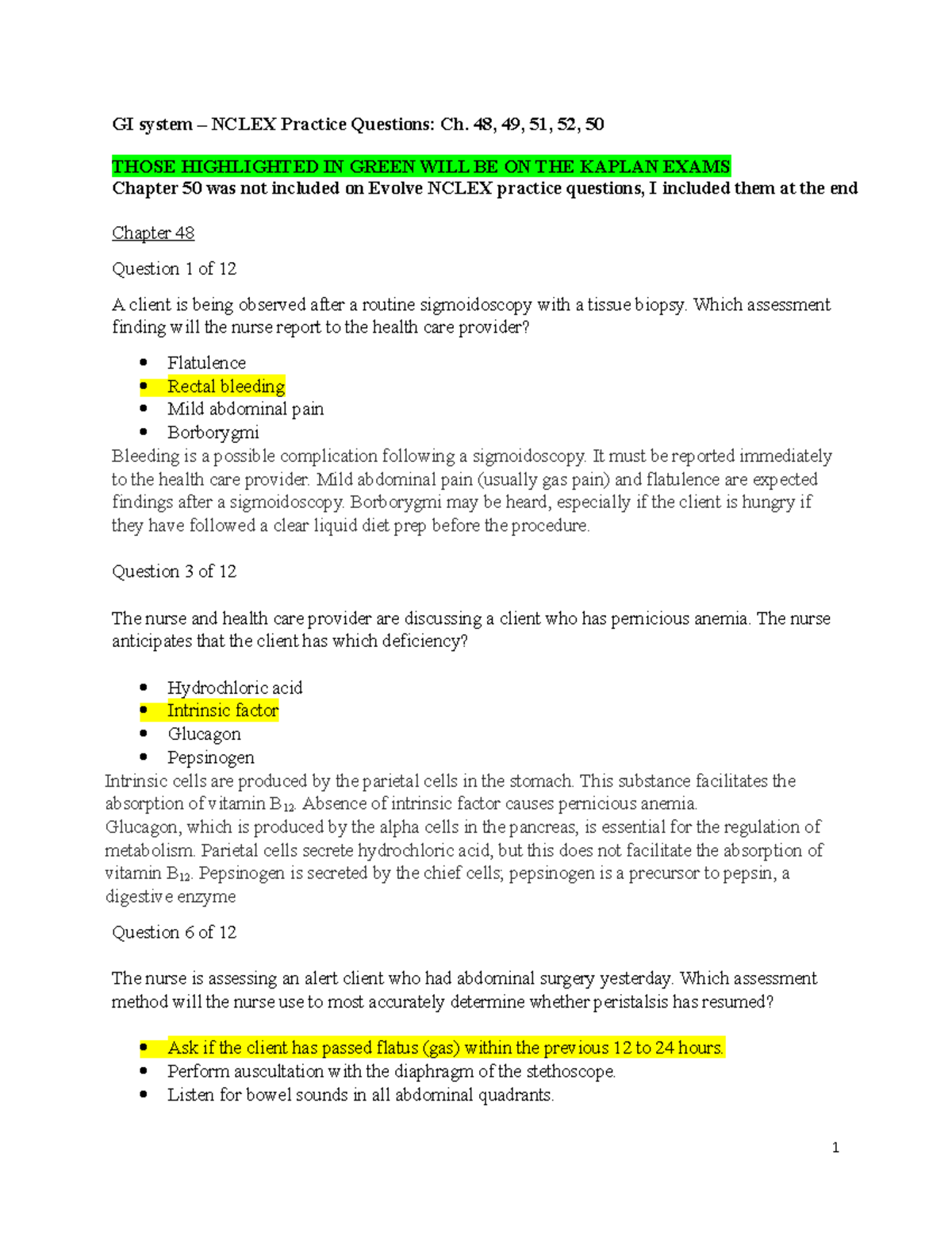 GI Evolve questions - GI system – NCLEX Practice Questions: Ch. 48, 49 ...