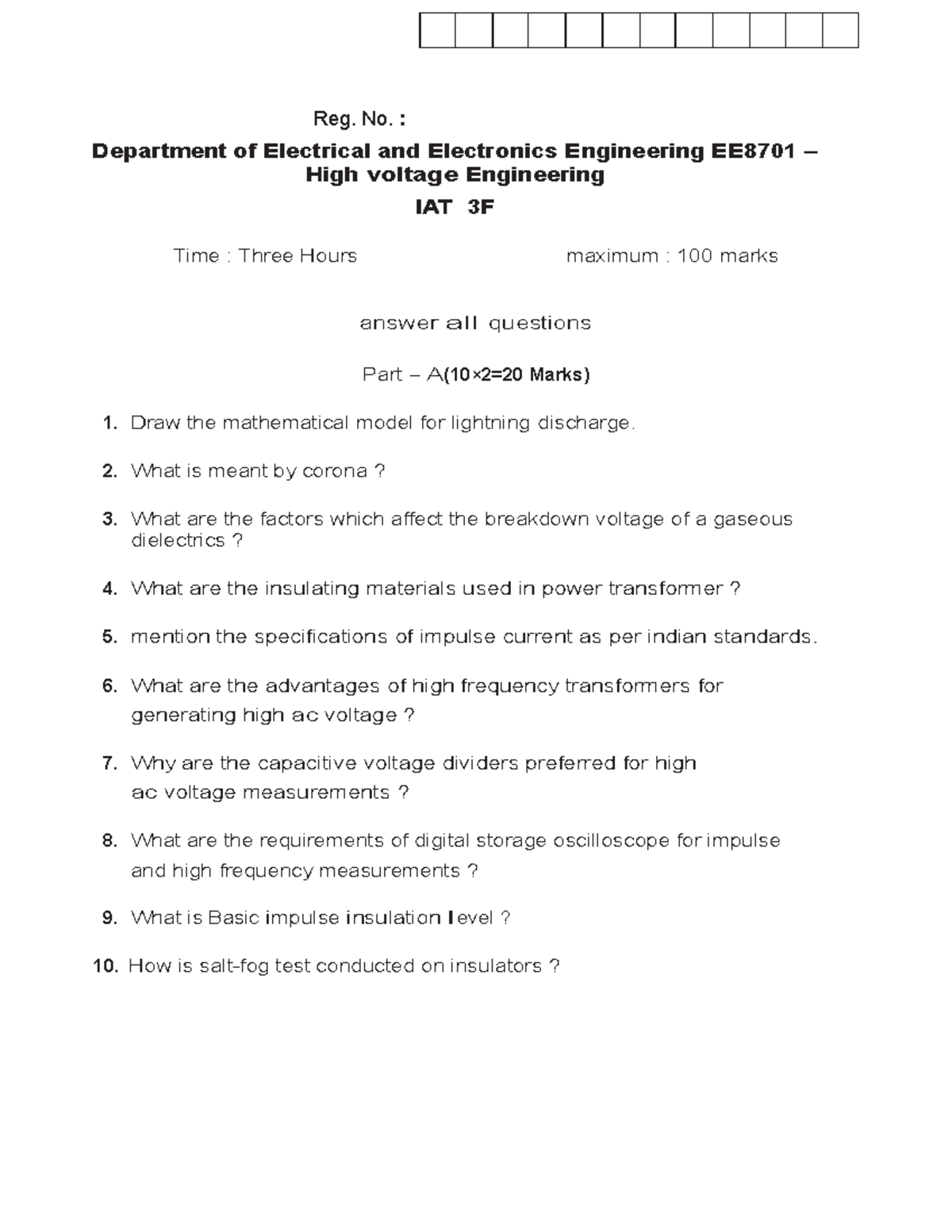 High Voltage Engineering - Reg. No. : Department of Electrical and Electronics Engineering ...