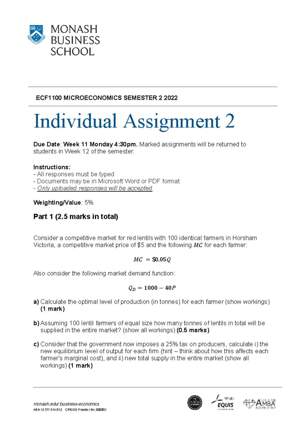 ECF1100 Individual Assignment 2 Sem 2 2022 - monash/ business-economics ...