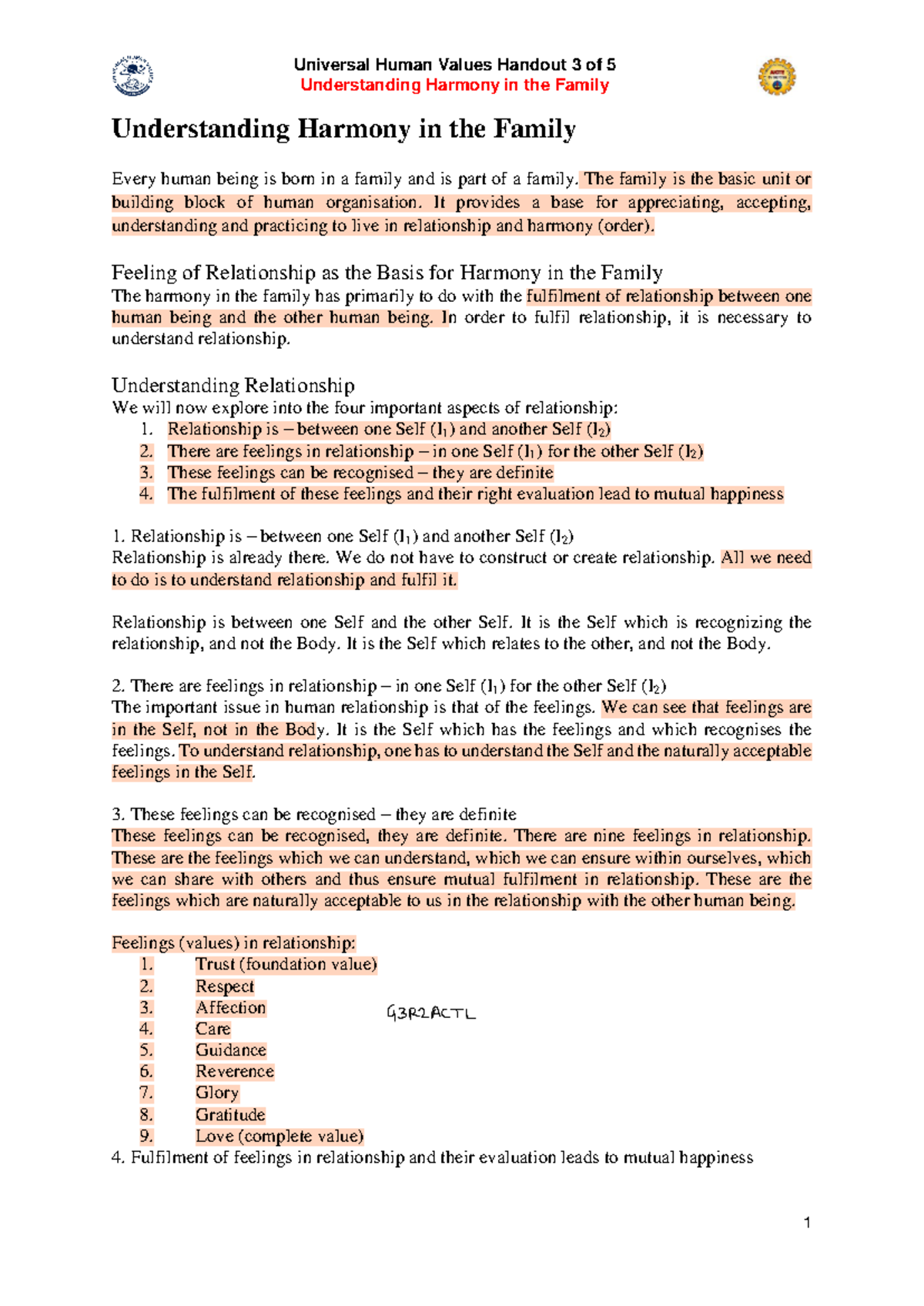 UHV Handout 3-Harmony in the Family - Understanding Harmony in the Family Understanding Harmony ...