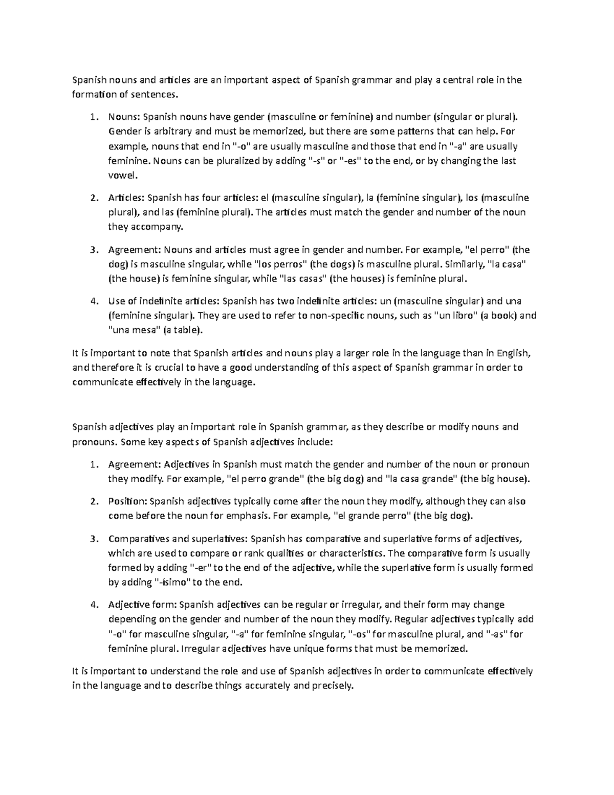 Spanish Grammar Course Lecture Notes - Spanish nouns and articles are ...