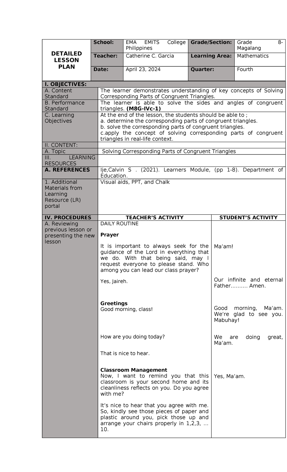 G8- PRE-DEMO - LESSON PLAN - DETAILED LESSON PLAN School: EMA EMITS College Philippines - Studocu