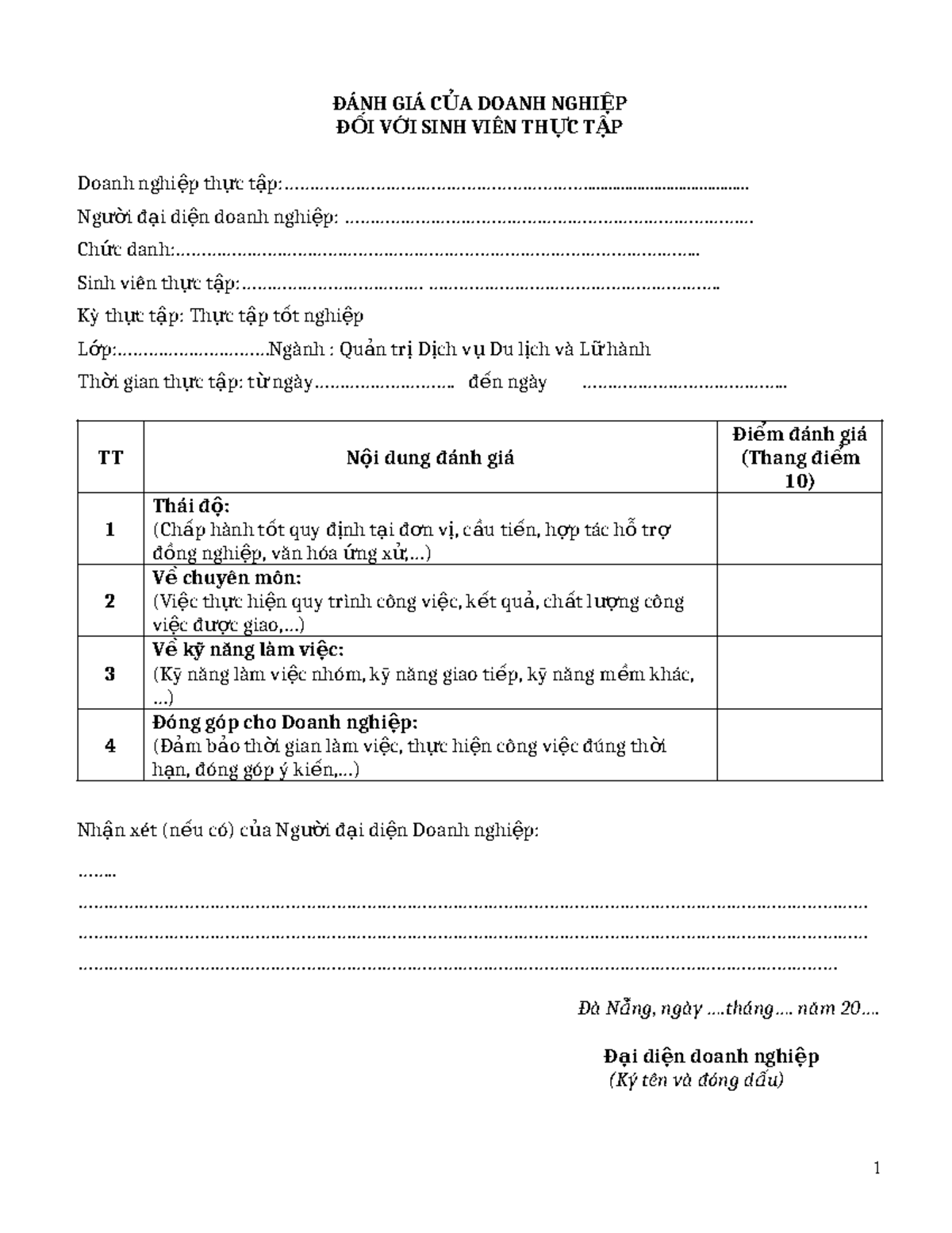 2.TTTN Mẫu Nhận xét của DN - ĐÁNH GIÁ C ỦA DOANH NGHI ỆP Đ ỐI V ỚI SINH VIÊN TH ỰC T ẬP Doanh ...