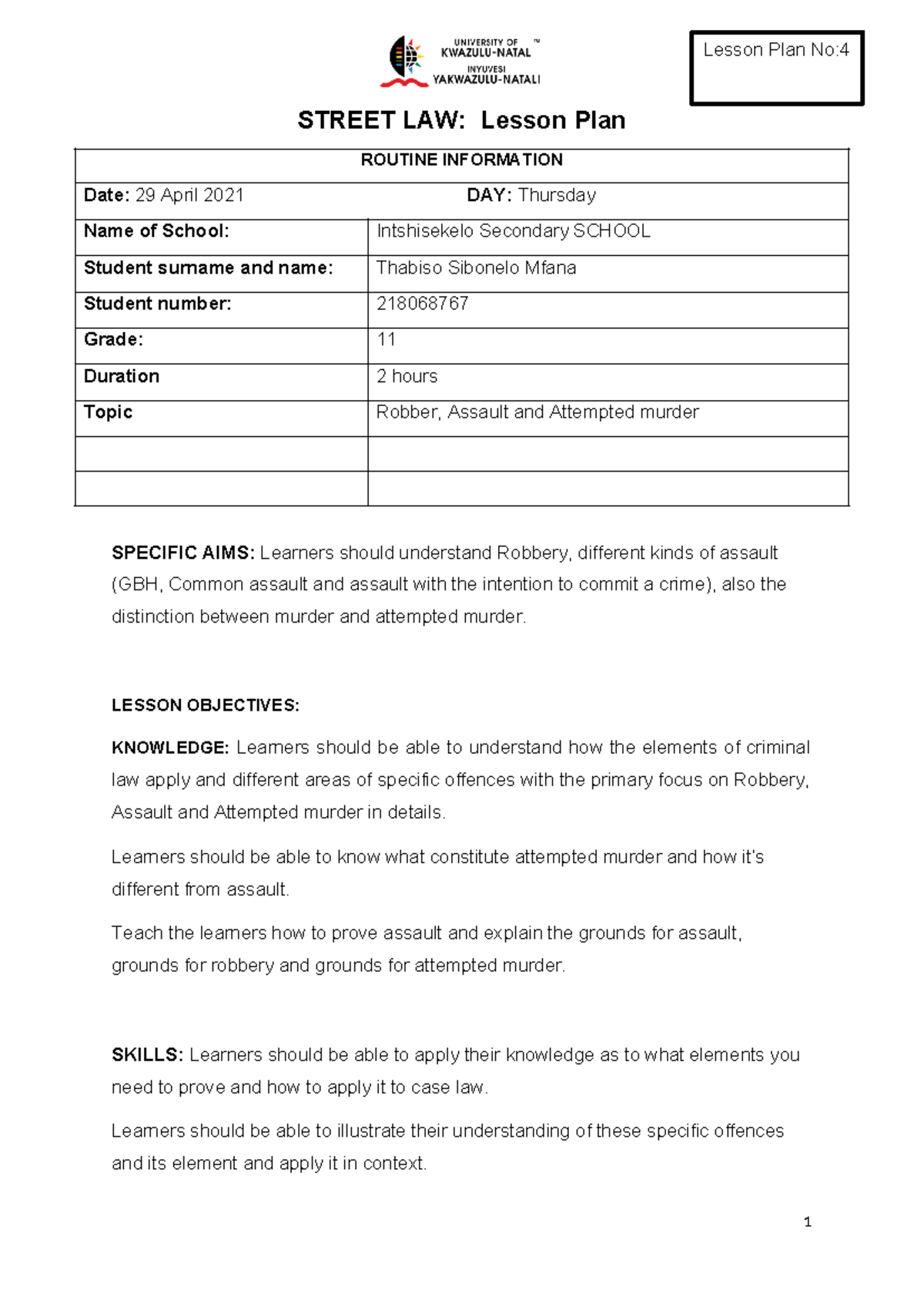Lesson plan Number 4 - STREET LAW: Lesson Plan ROUTINE INFORMATION Date ...