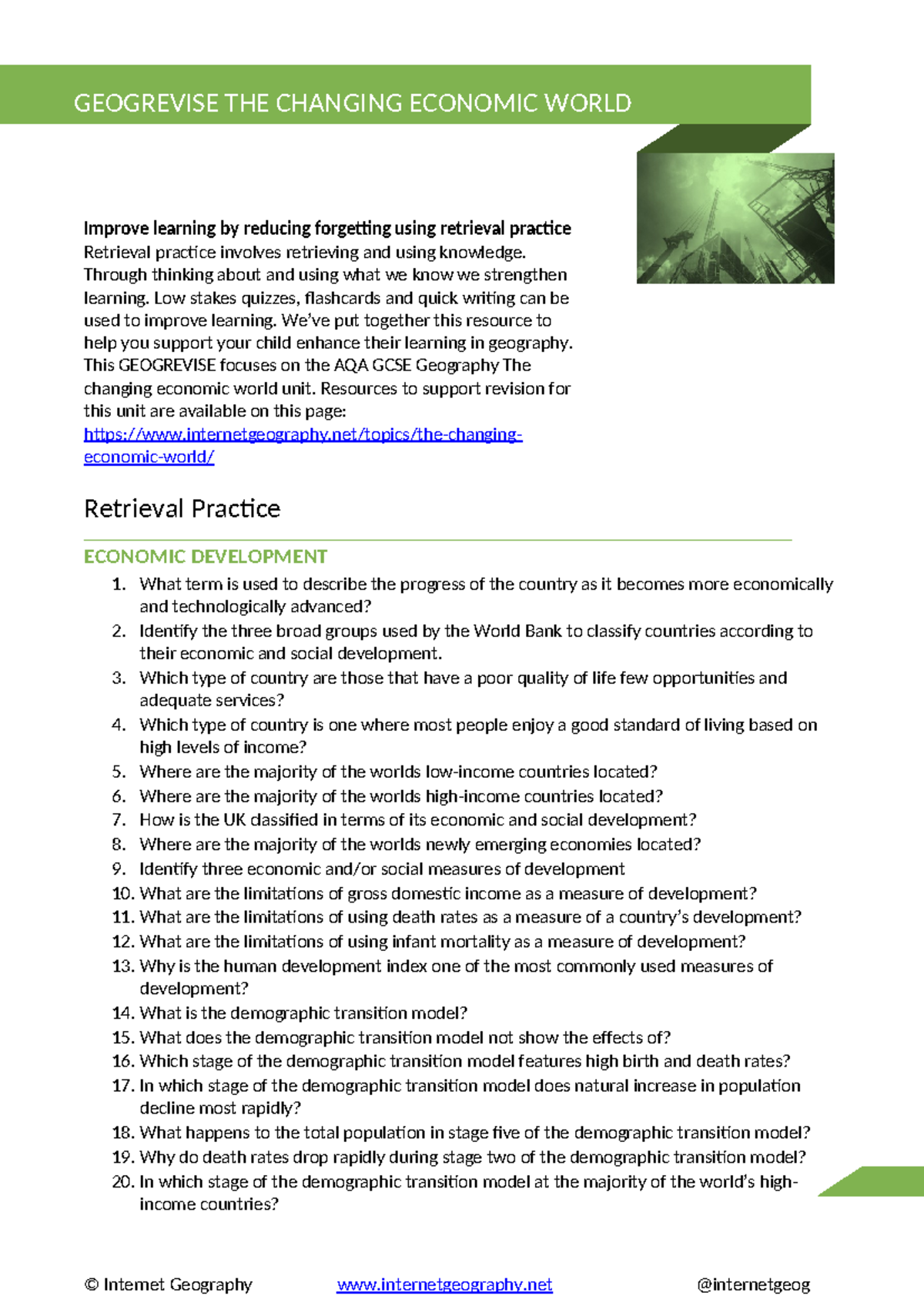 Geogrevise The changing economic world Retrieval Practice Parents ...
