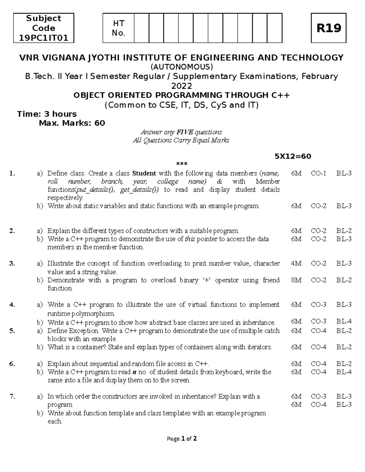 19 OOPCready - Oops - Subject Code 19PC1IT HT No. R VNR VIGNANA JYOTHI ...