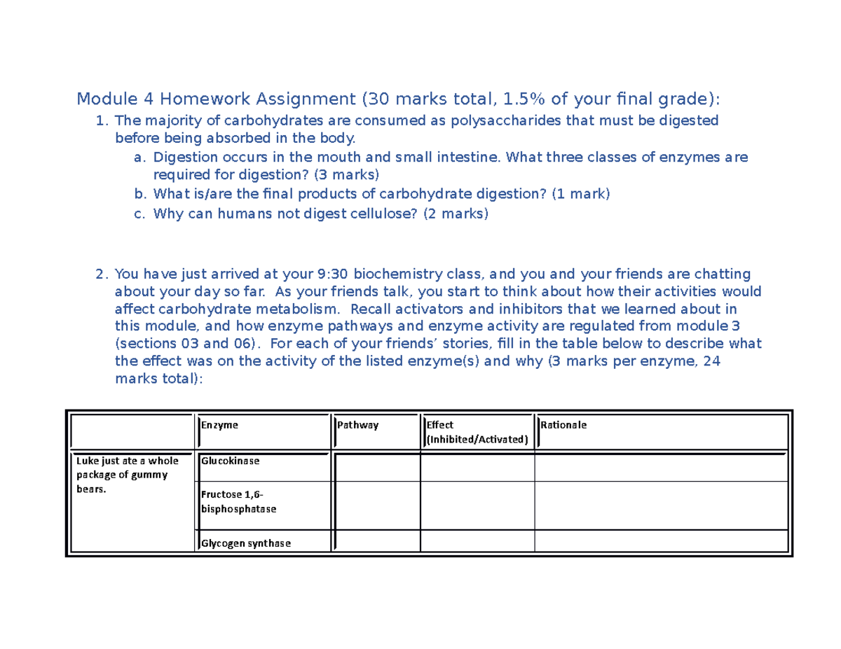 BCHM 270 W23 Module 4 Homework - Module 4 Homework Assignment (30 marks total, 1% of your final ...