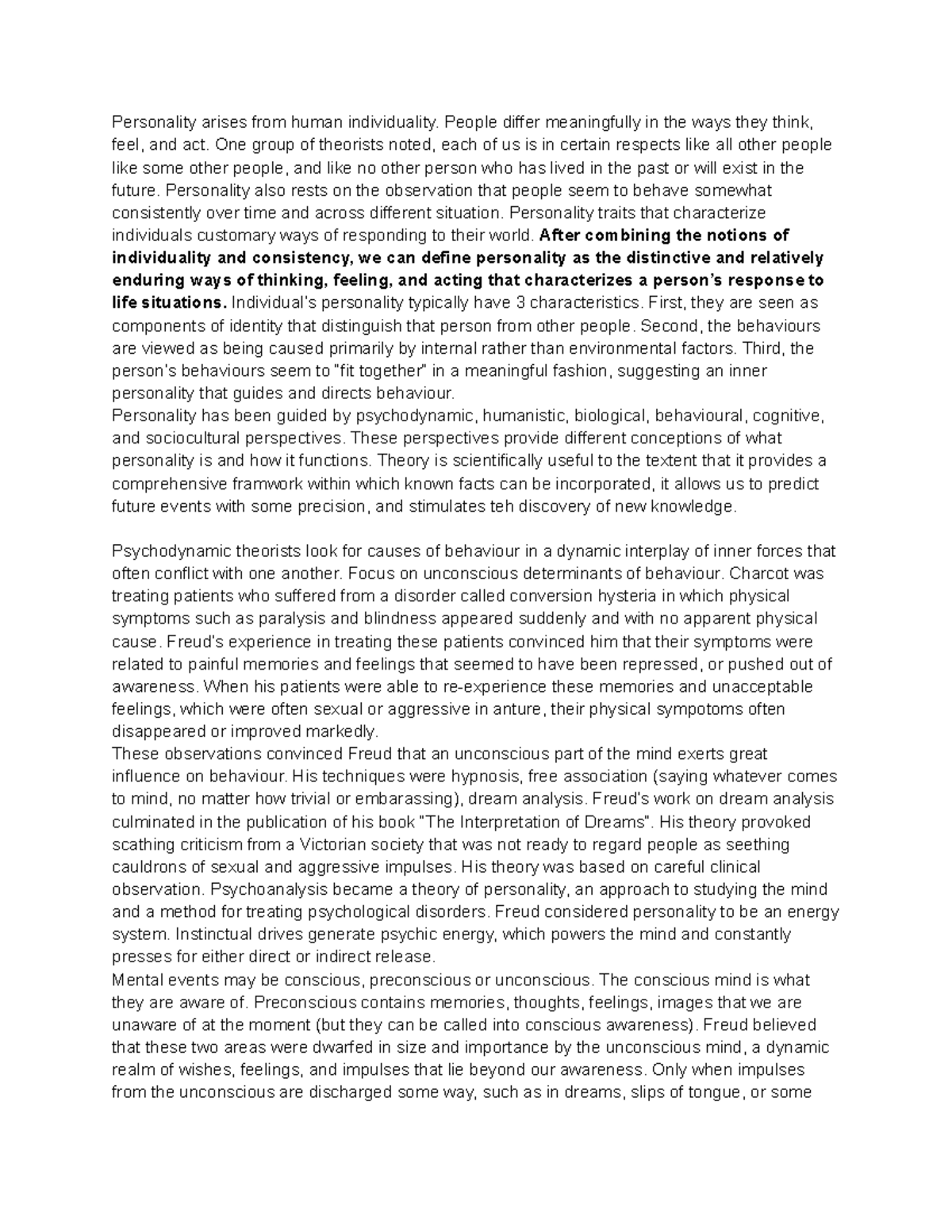 Chapter 14-105 - These are textbook notes. - Personality arises from ...