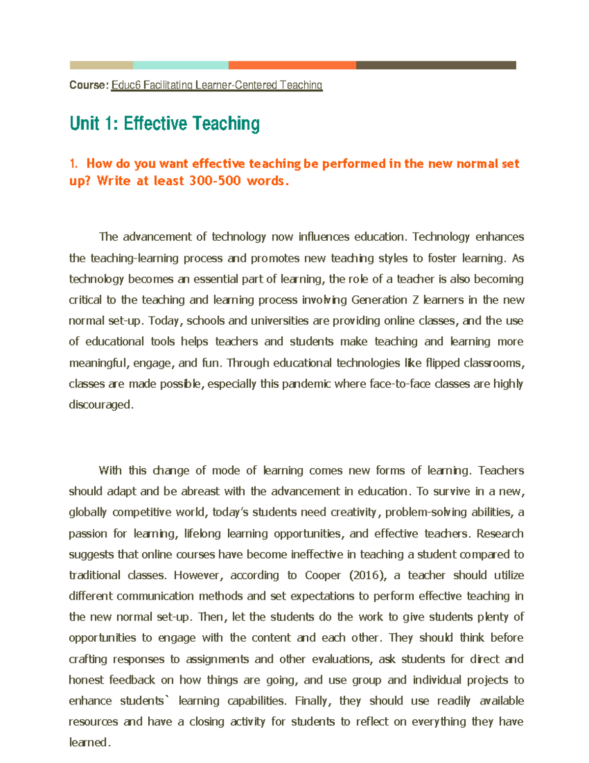 Effective Teaching in the New Normal Set-up - Course: Educ6 ...