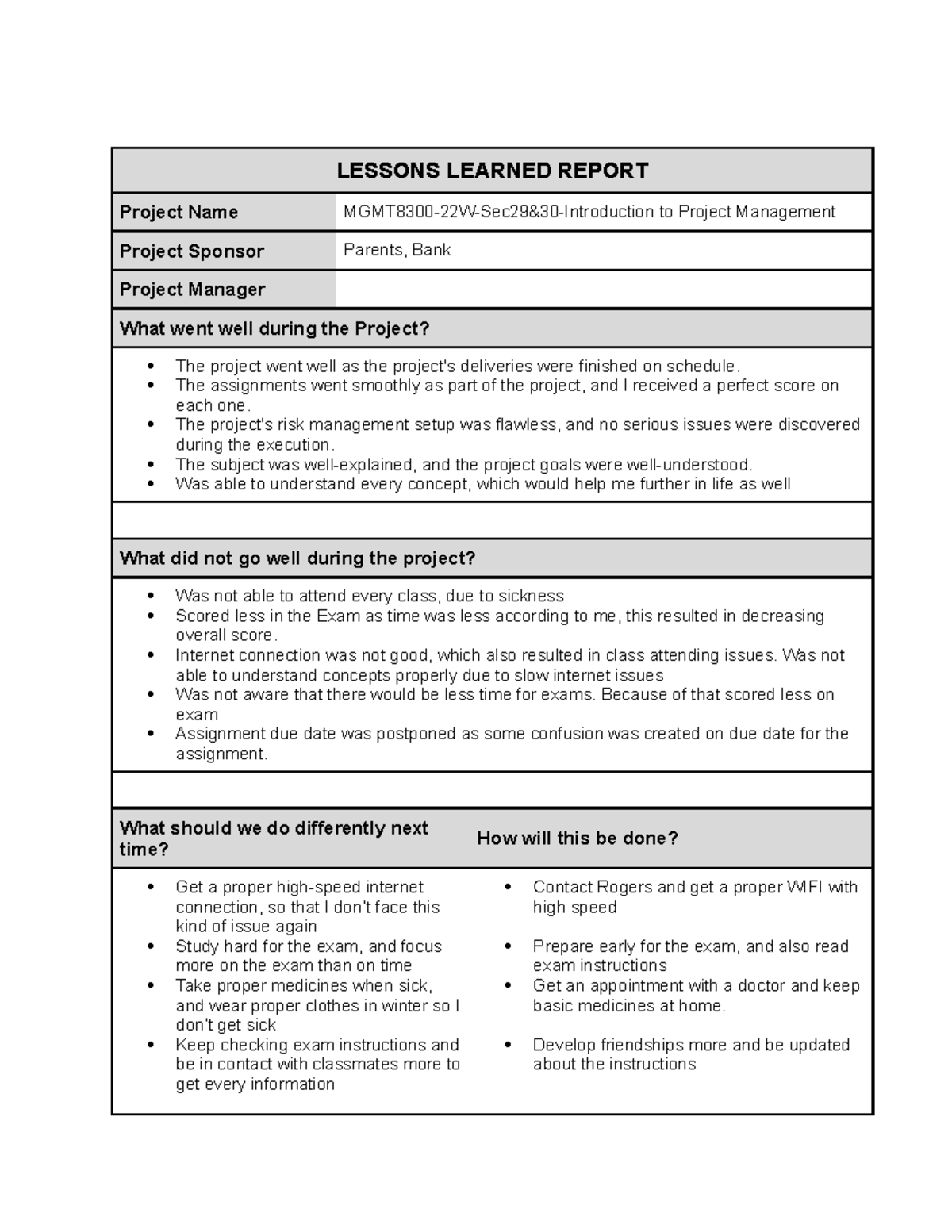 Lessons Learned Report - BUS8330 - Conestoga College - Studocu