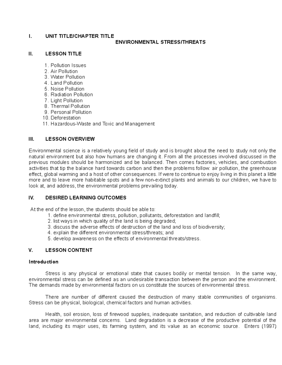 Envi m6 - for your reference - I. UNIT TITLE/CHAPTER TITLE ENVIRONMENTAL STRESS/THREATS II ...