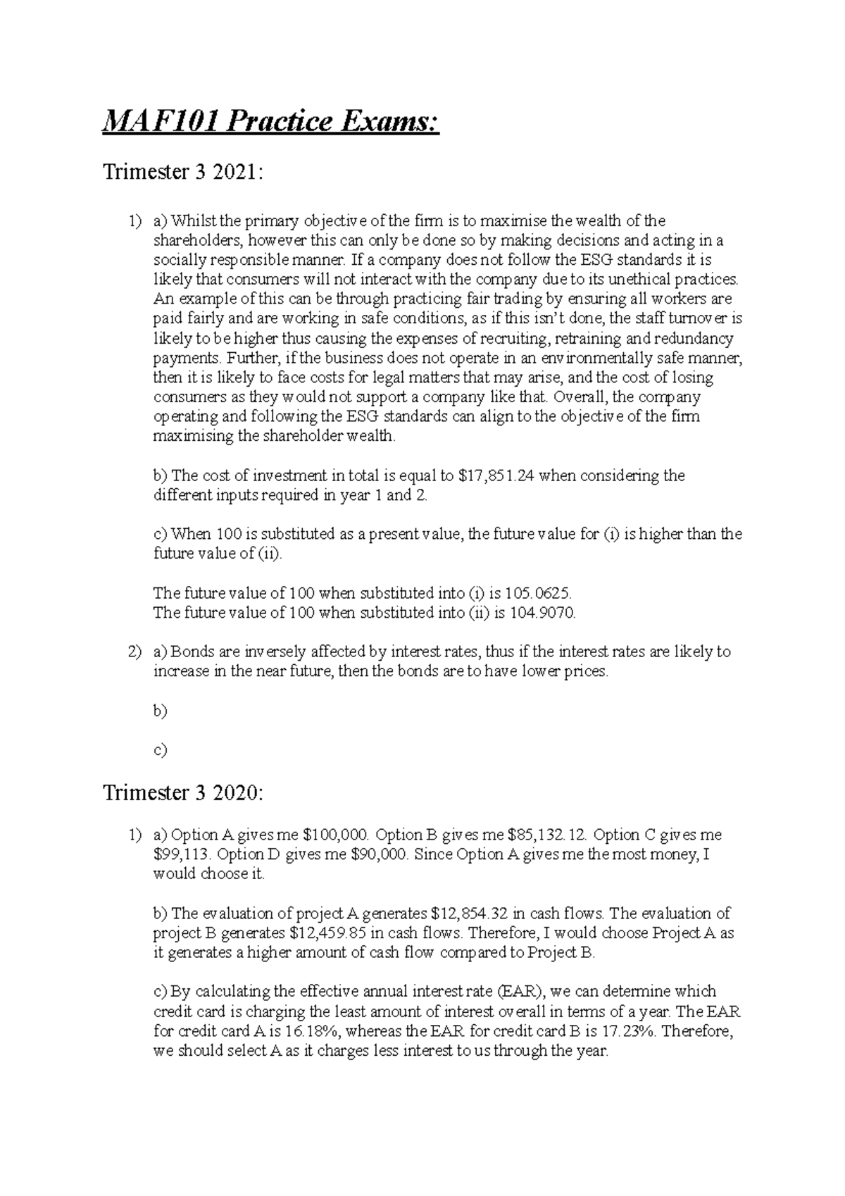MAF101 Practice Exams - MAF101 Practice Exams: Trimester 3 2021: a ...