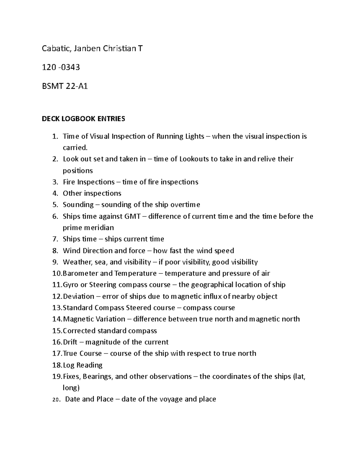 DECK Logbook Entires - Cabatic, Janben Christian T 120 - BSMT 22-A DECK ...