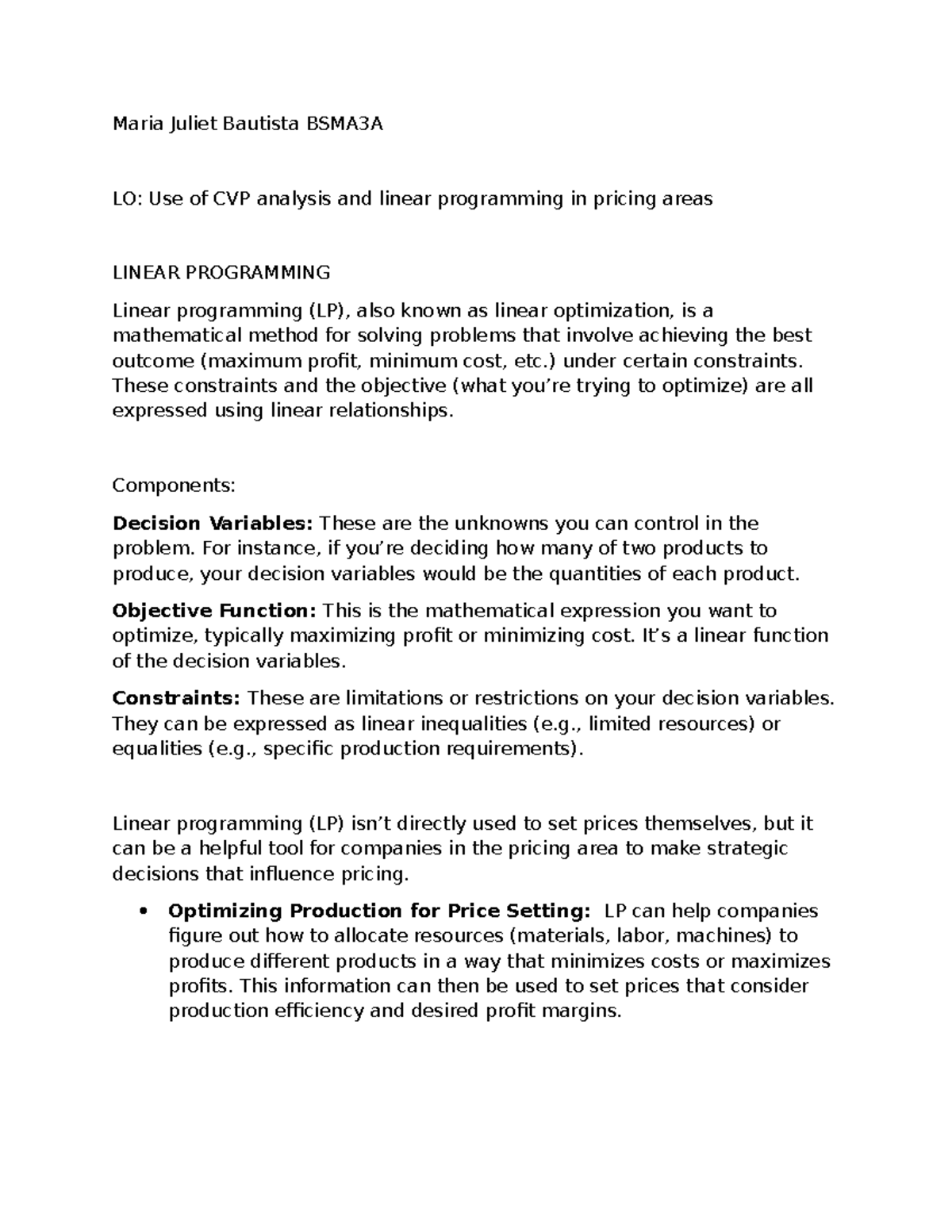 Linear programming - Notes - Maria Juliet Bautista BSMA3A LO: Use of ...